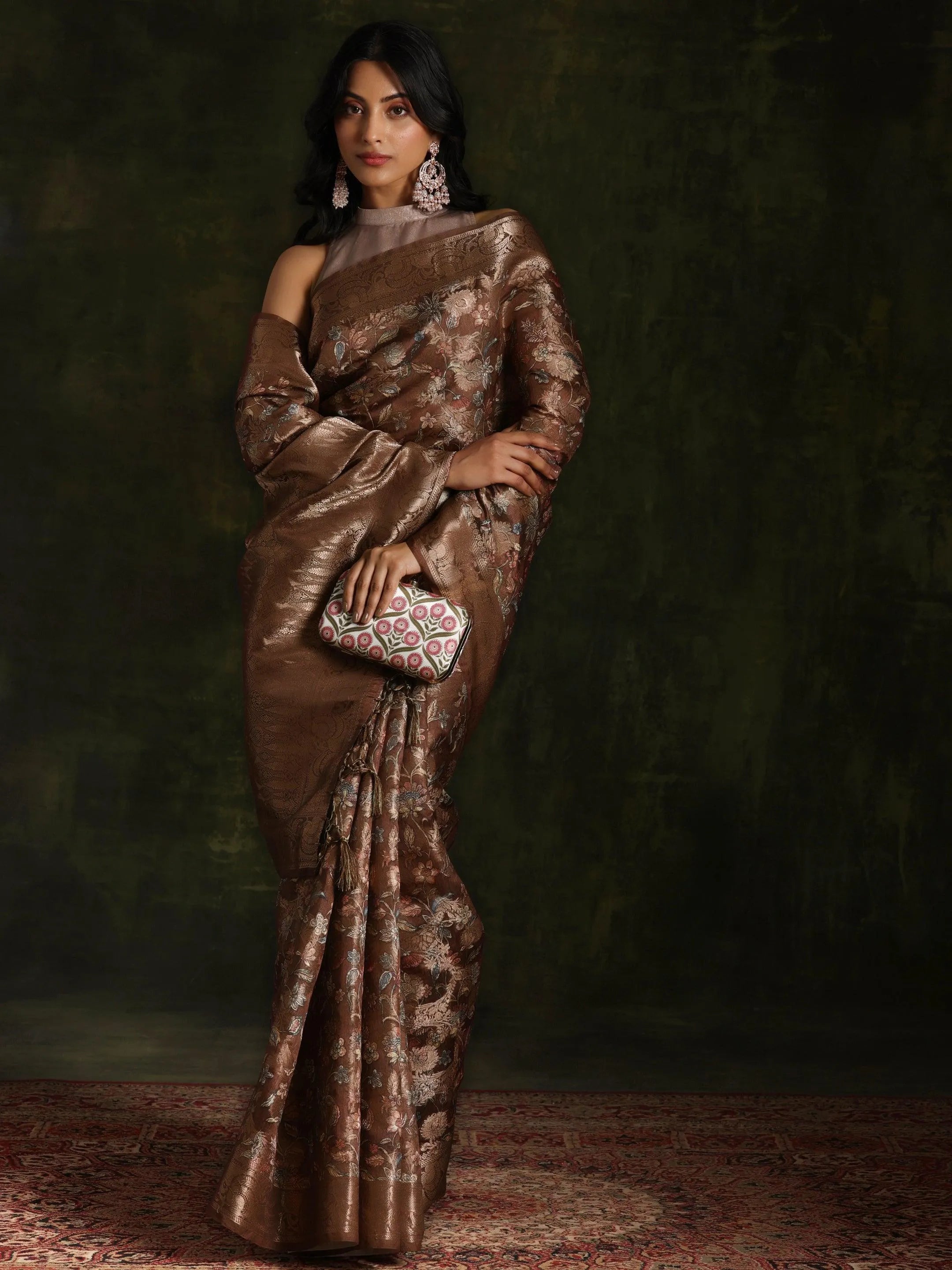 Buy Brown Woven Design Brocade Saree With Unstitched Blouse Piece ...