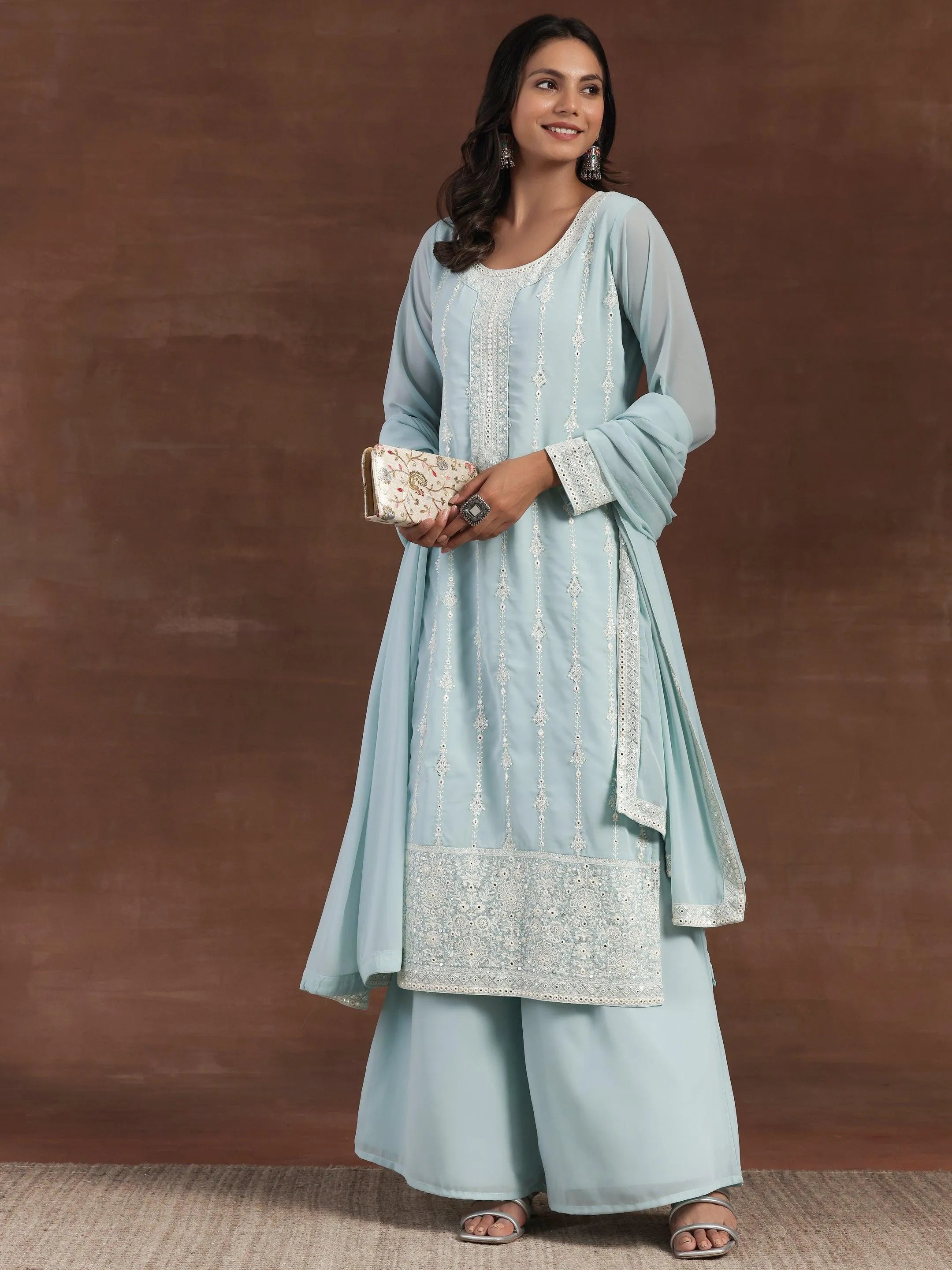 Buy Blue Embroidered Georgette Straight Suit With Dupatta Online at Rs ...