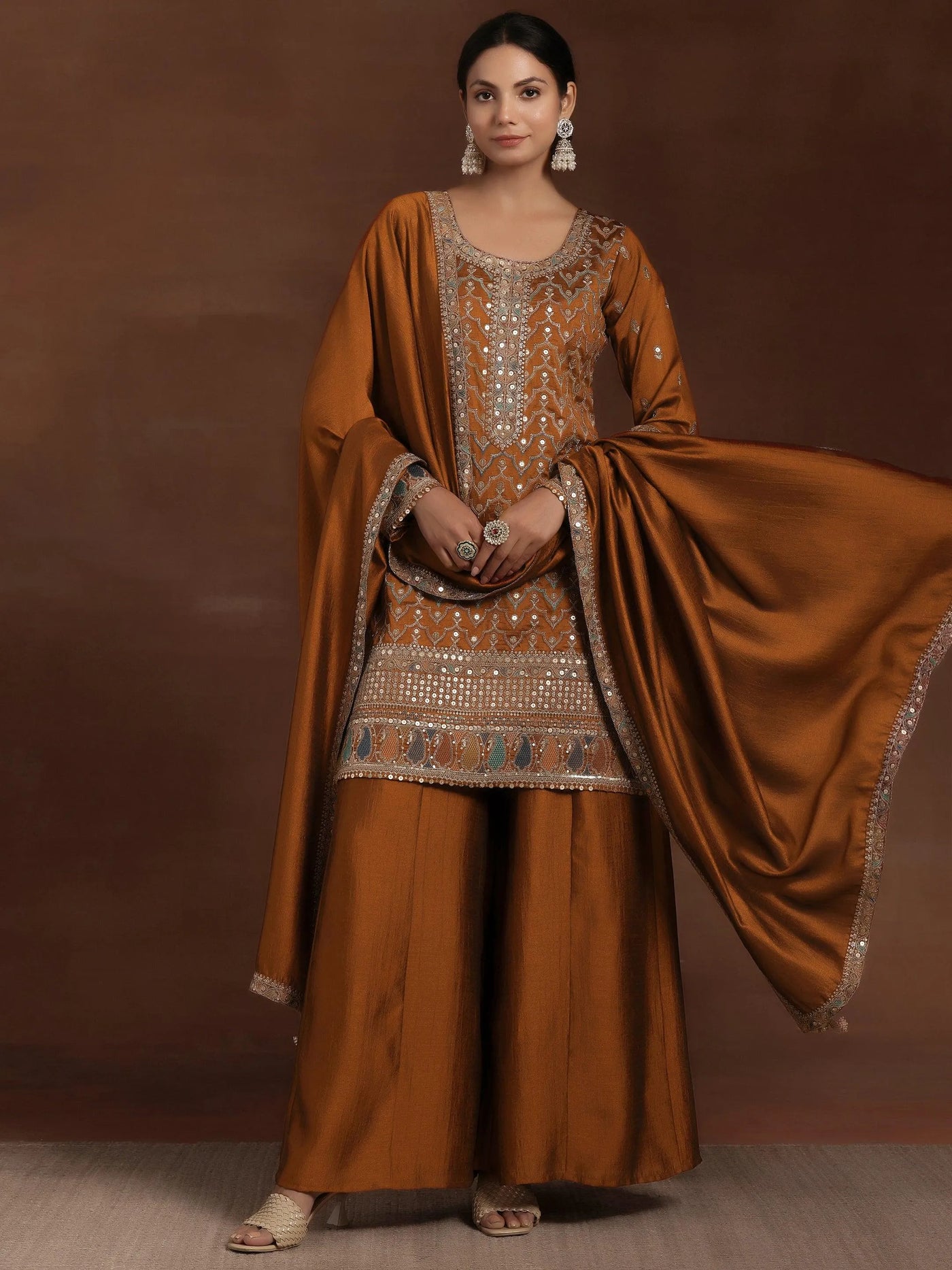 Buy Rust Embroidered Silk Blend Straight Kurta With Palazzos & Dupatta ...