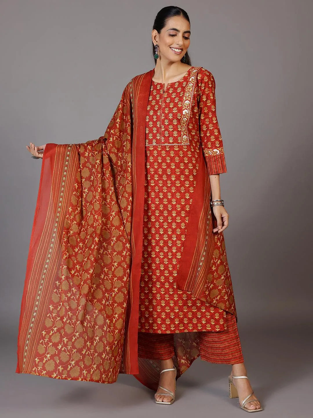 Buy Rust Printed Cotton Straight Suit With Dupatta Online at Rs.1349 ...