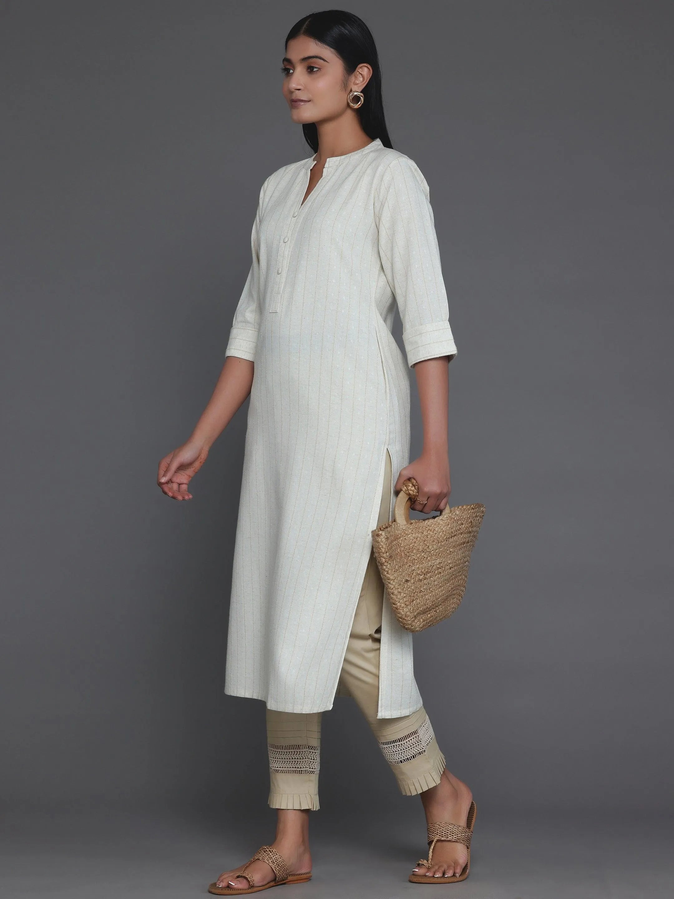 Buy Cream Striped Cotton Straight Kurta Online at Rs.524 | Libas