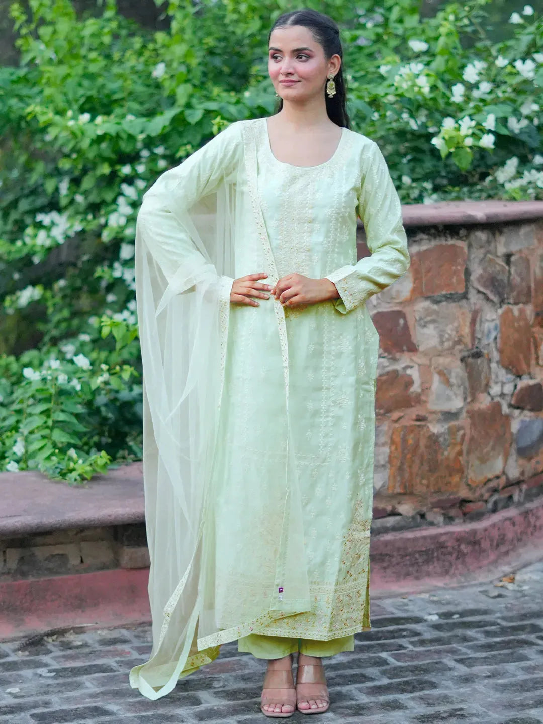 Buy Libas Art Sea Green Embroidered Silk Blend Straight Suit With ...