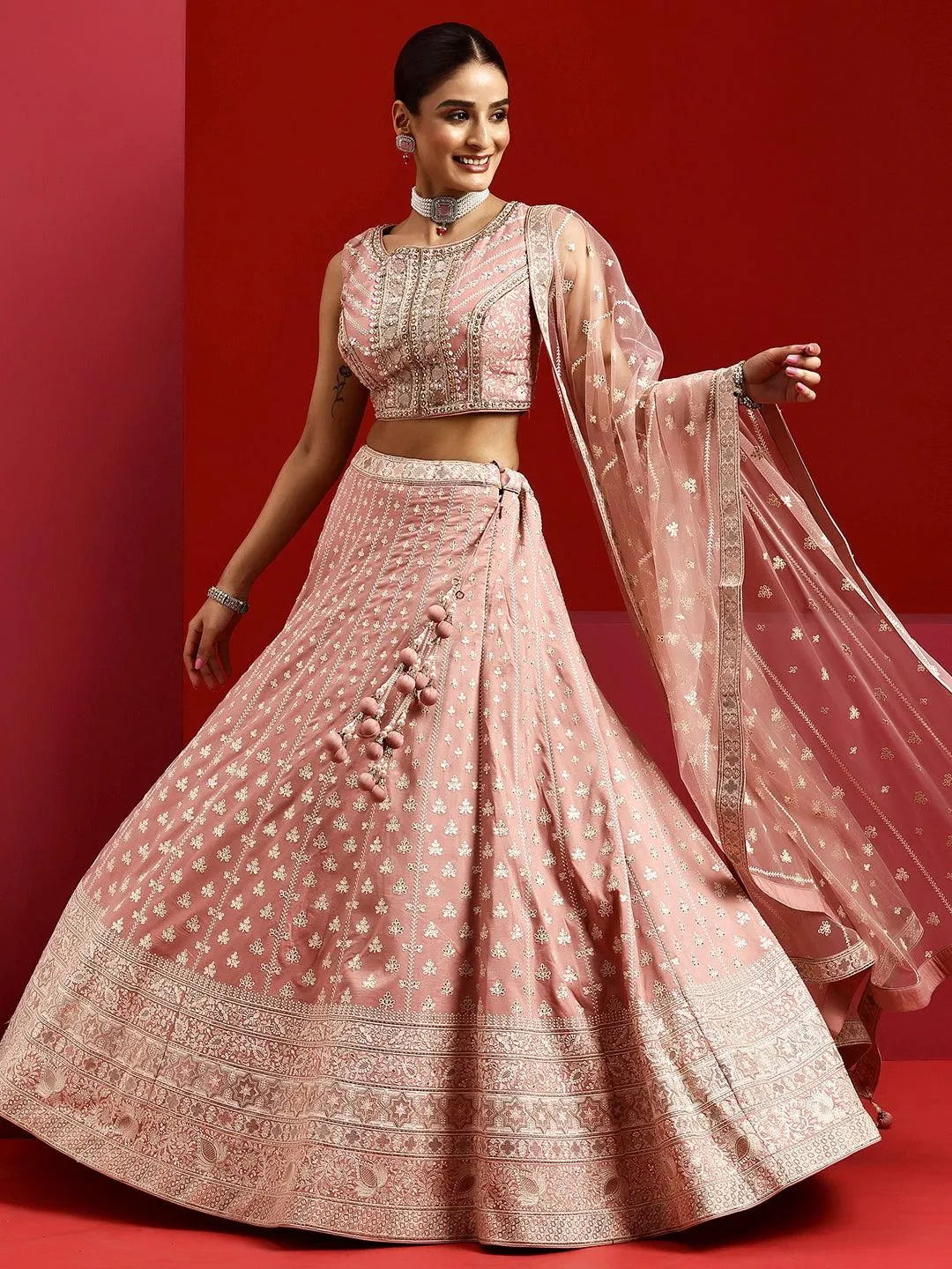 Buy Libas Art Pink Embroidered Silk Blend Lehenga Set Online at Rs ...