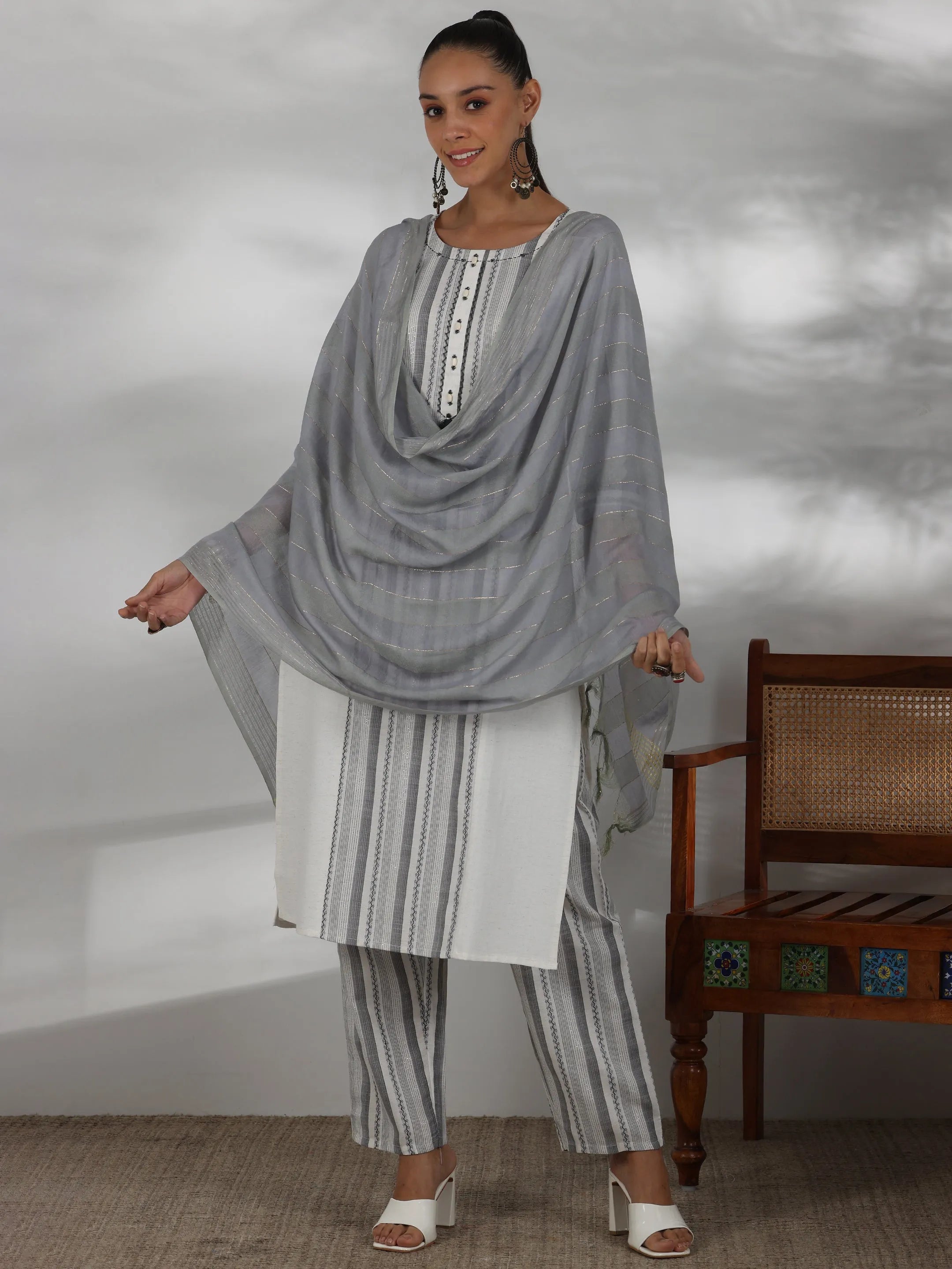 Buy Off White Printed Cotton Blend Straight Suit With Dupatta Online at ...