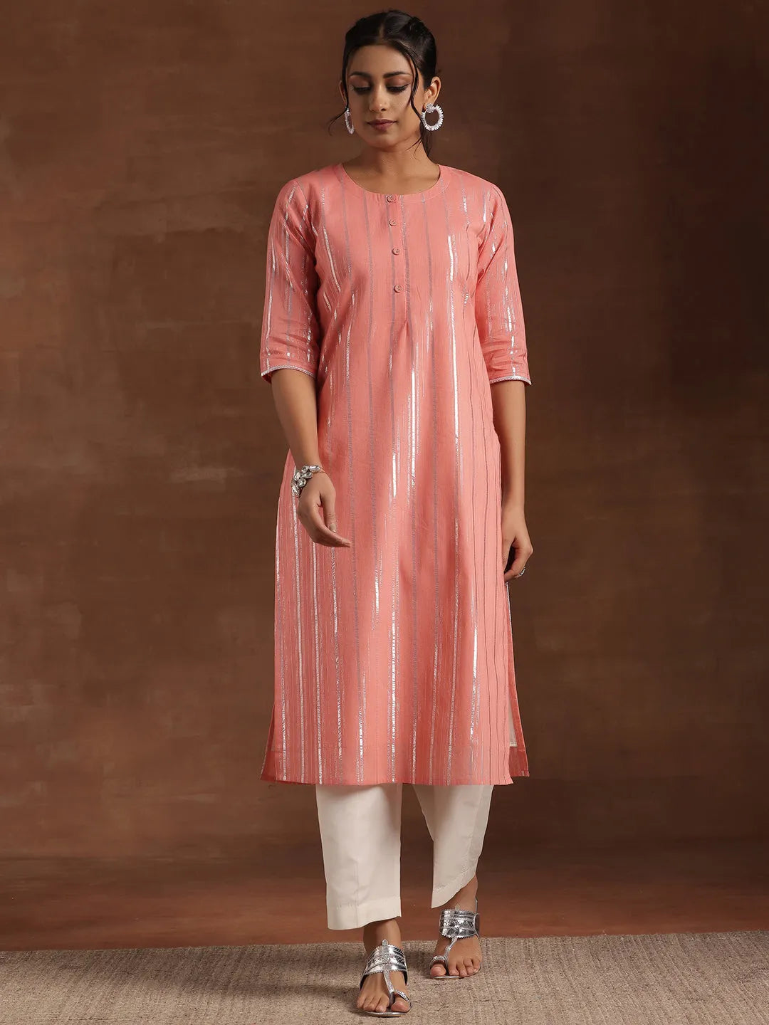 Buy Peach Woven Design Cotton Straight Kurta Online at Rs.1259 | Libas