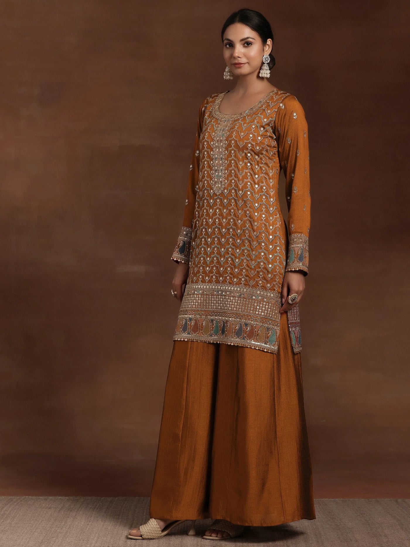 Buy Rust Embroidered Silk Blend Straight Kurta With Palazzos & Dupatta ...