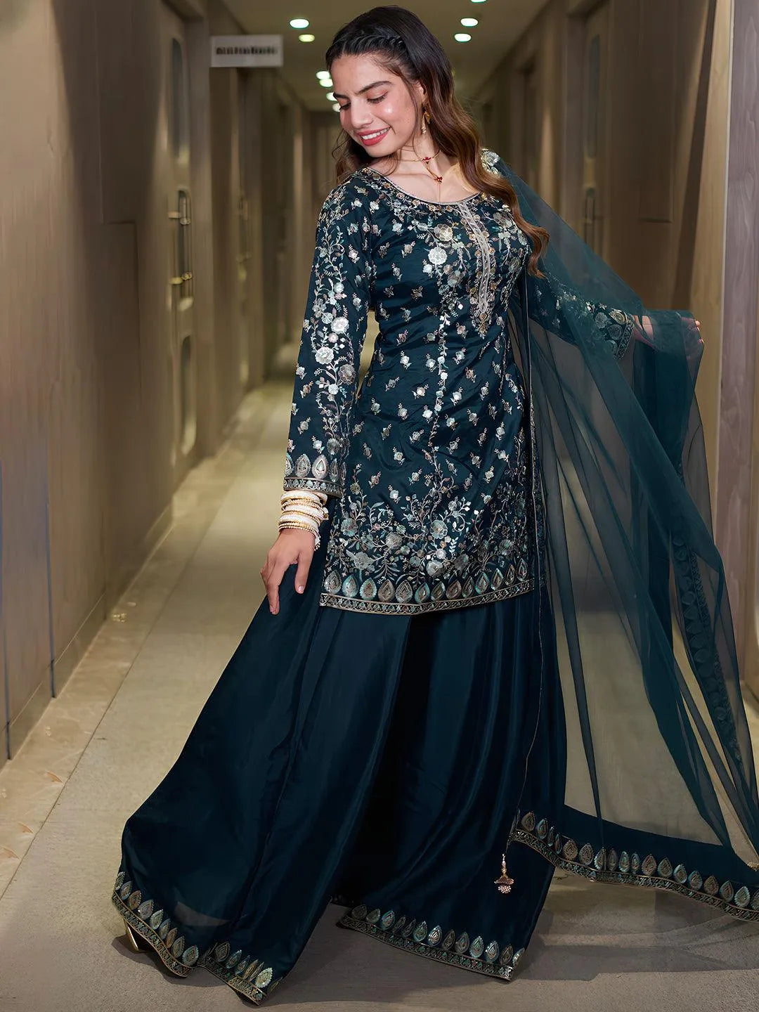 Buy Libas Art Teal Embroidered Silk Straight Suit Set Online at Rs.9799 ...