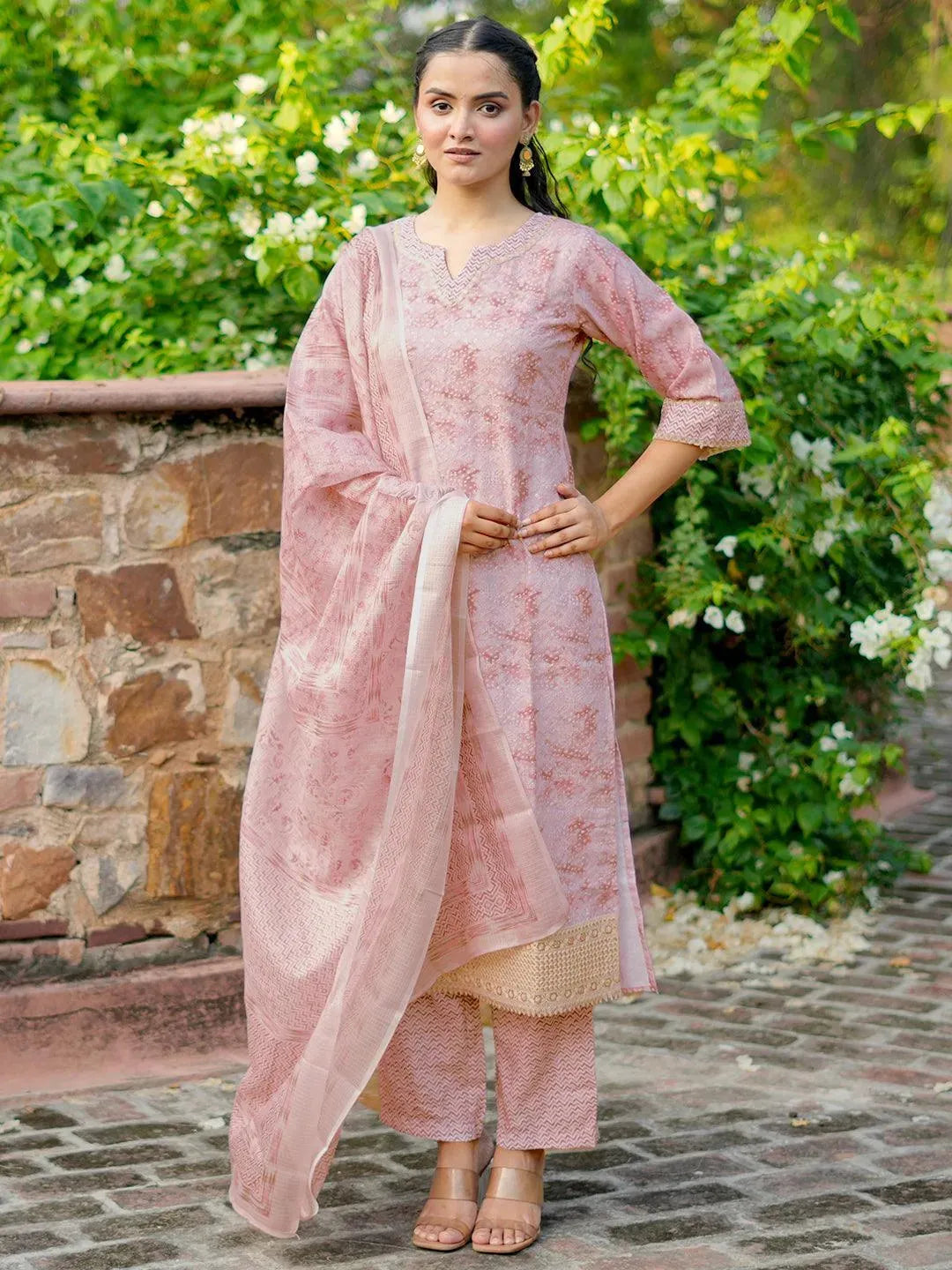 Buy Beige Embroidered Cotton Blend Straight Suit With Dupatta Online at ...