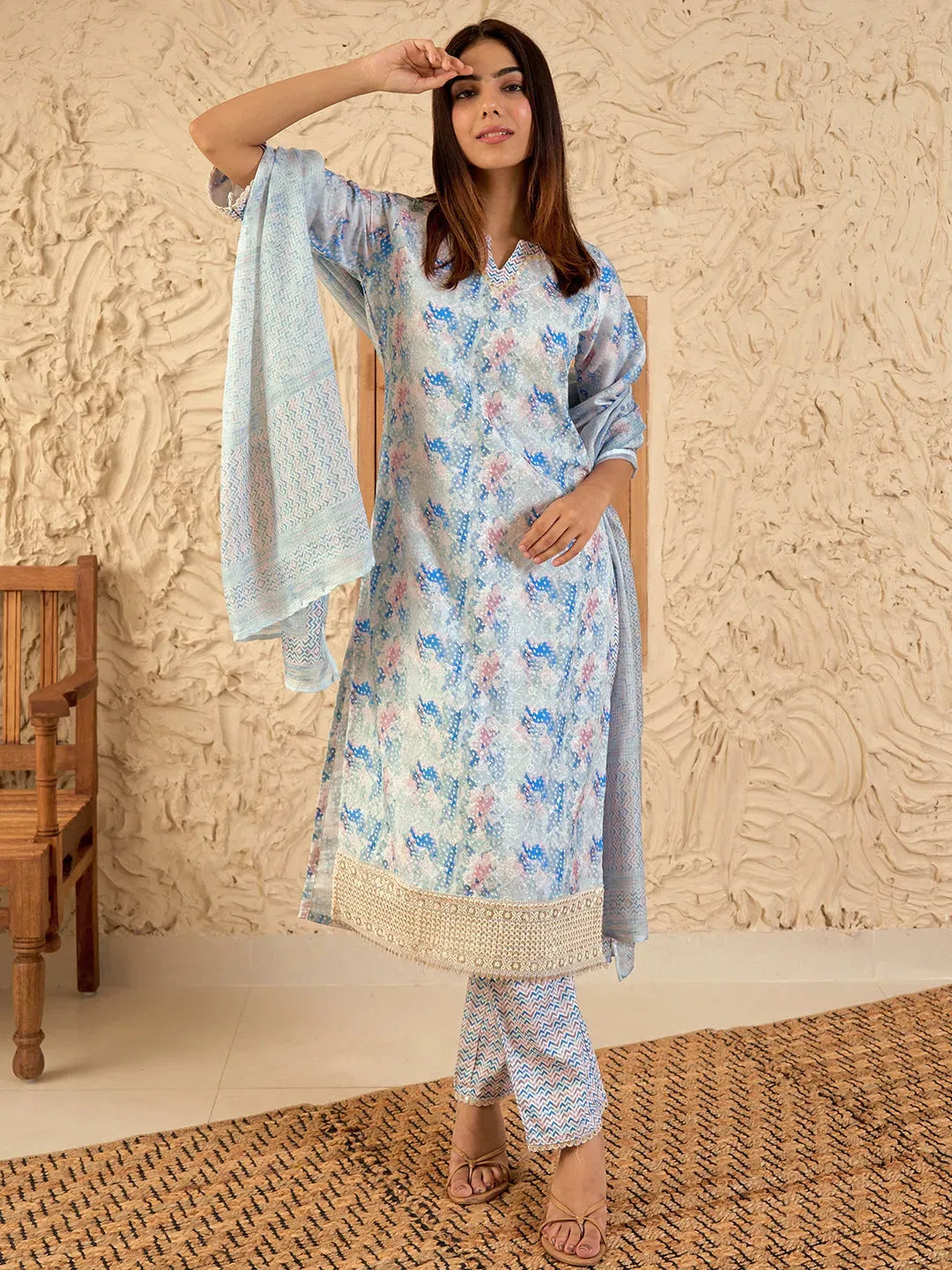 Buy Blue Embroidered Cotton Blend Straight Suit With Dupatta Online at ...