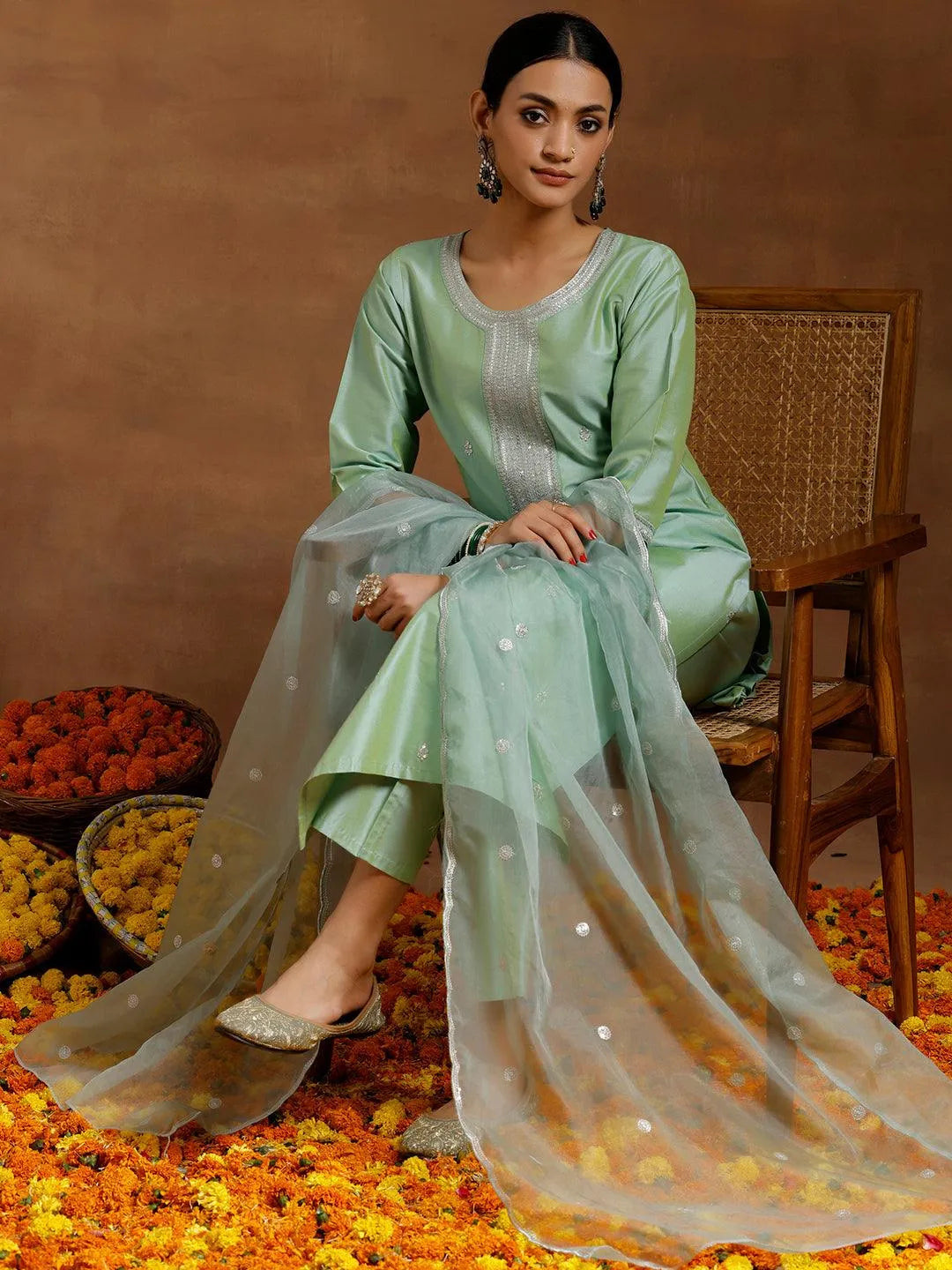 Buy Light Green Embroidered Silk Blend Straight Suit With Dupatta ...