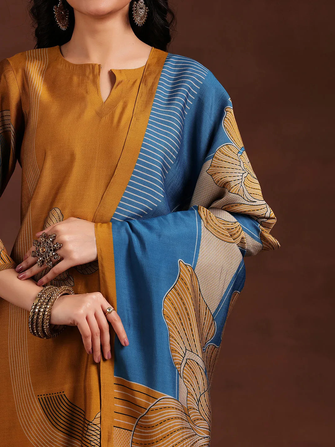 Buy Mustard Printed Silk Blend Straight Suit With Dupatta Online at Rs ...