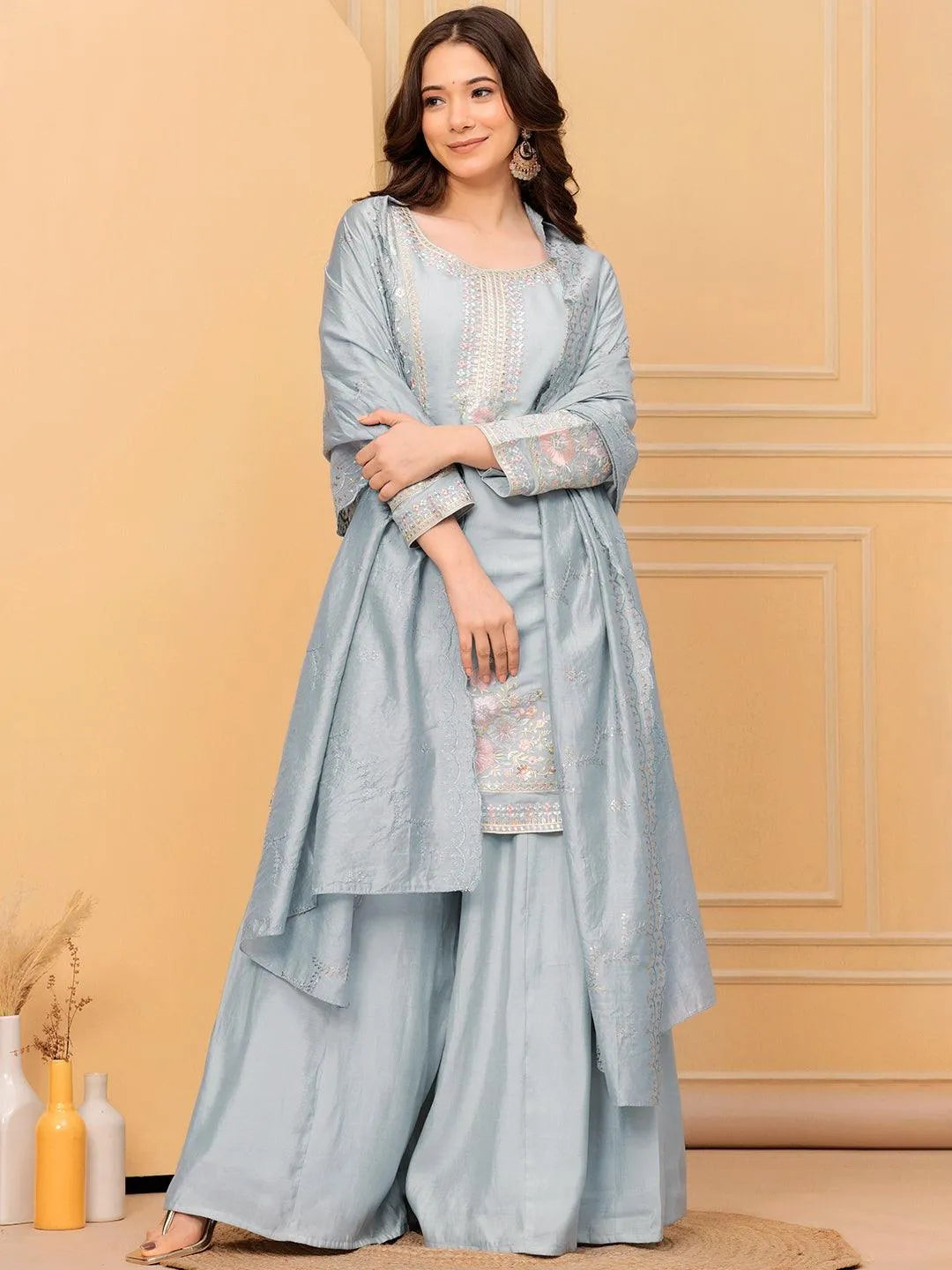 Buy Libas Art Blue Embroidered Silk Blend Straight Suit With Dupatta ...