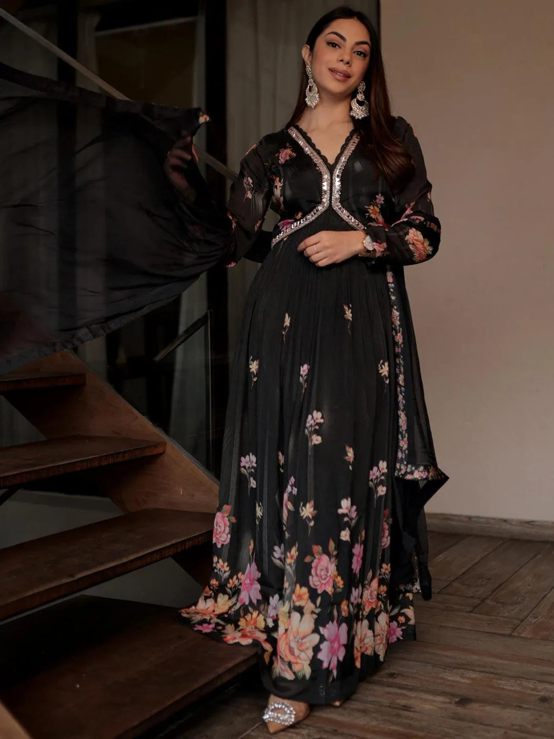Buy Libas Art Black Printed Silk Anarkali Suit With Dupatta Online at ...