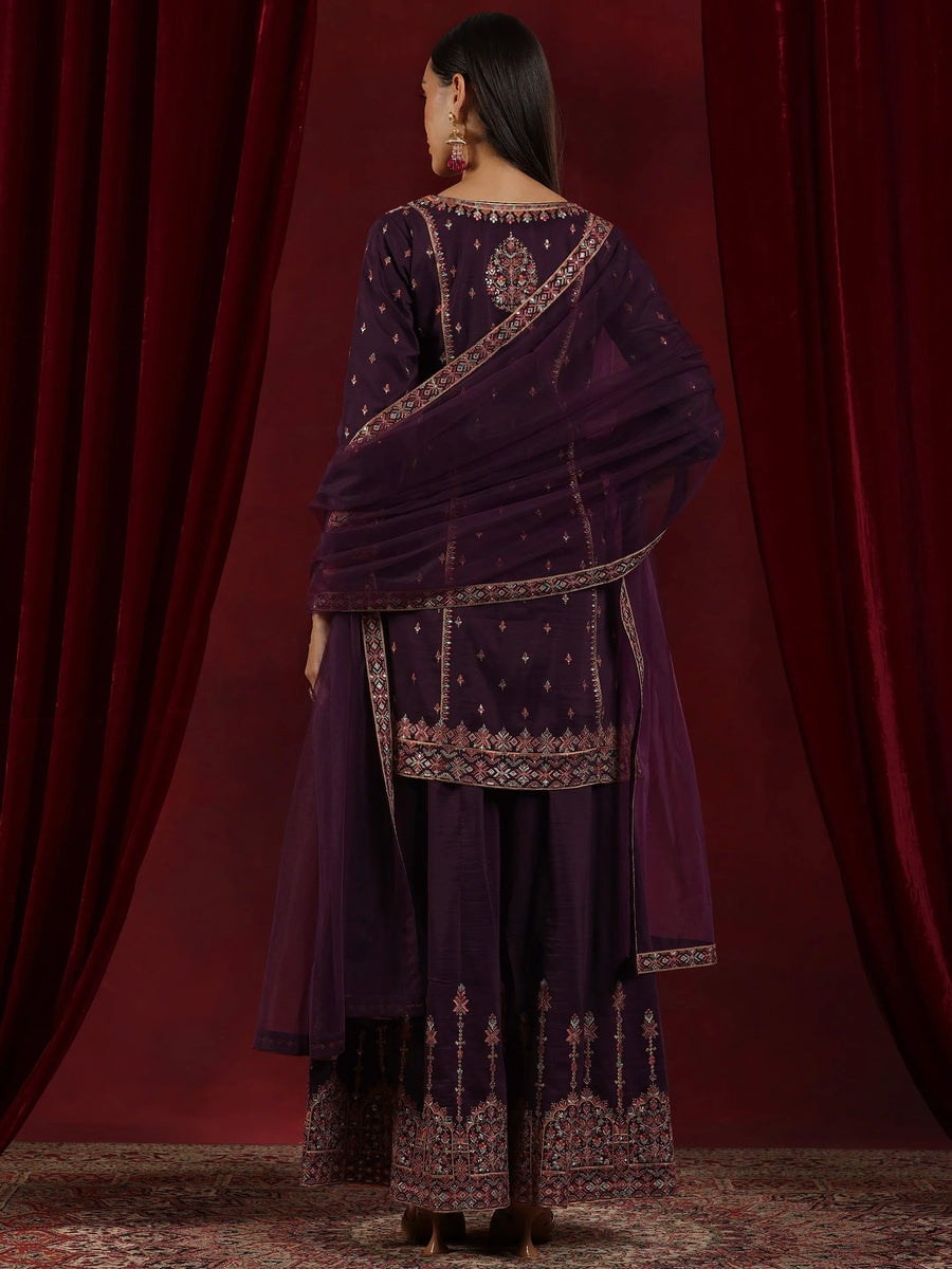 Buy Libas Art Wine Embroidered Silk Blend Straight Suit With Dupatta ...