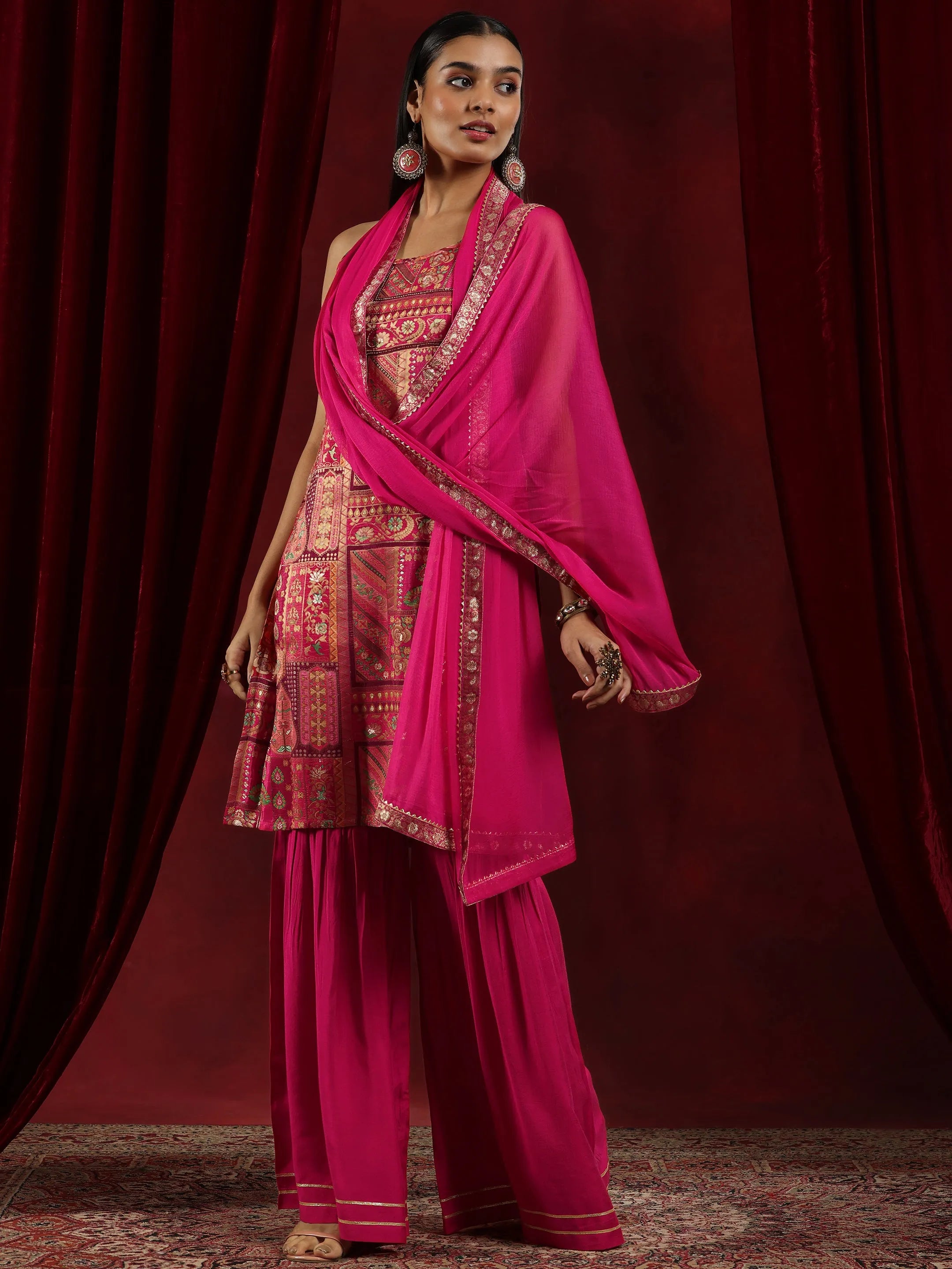 Buy Libas Art Pink Woven Design Silk Blend Straight Suit With Dupatta ...