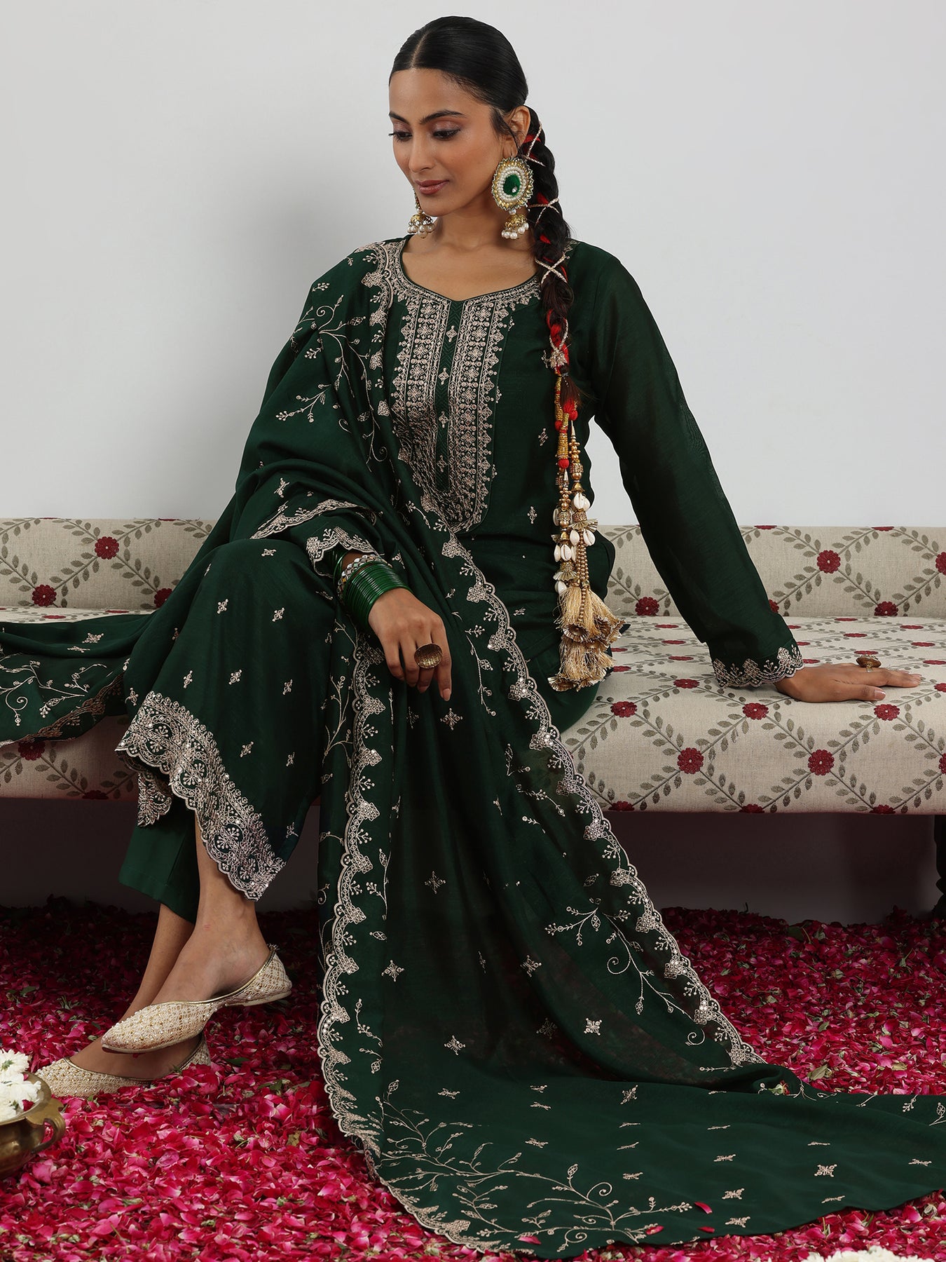 Buy Green Embroidered Silk Blend Straight Suit With Dupatta Online at ...