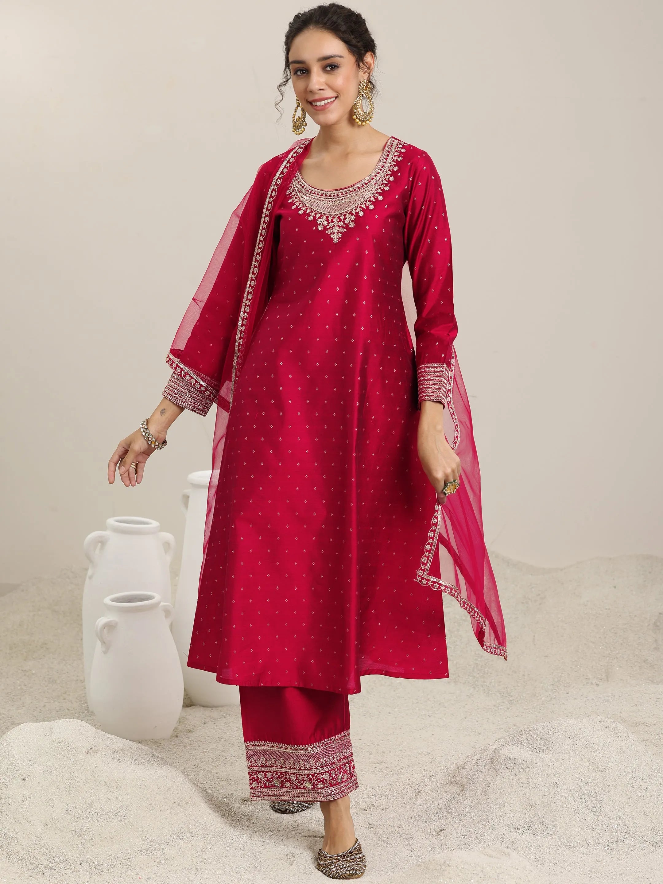 Buy Maroon Woven Design Chanderi Silk A-Line Kurta With Palazzos ...