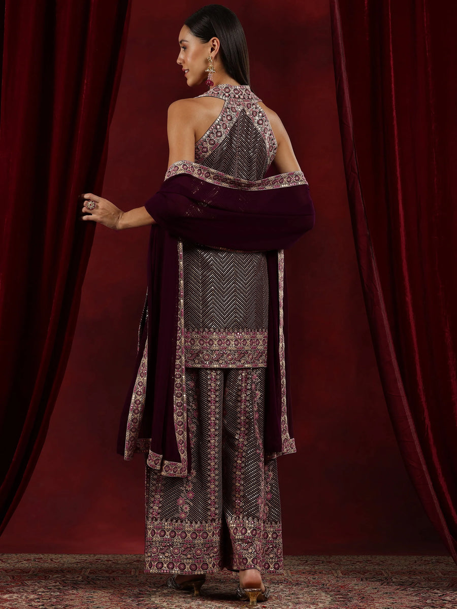 Buy Zarina Libas Art Wine Embroidered Georgette Straight Suit With ...