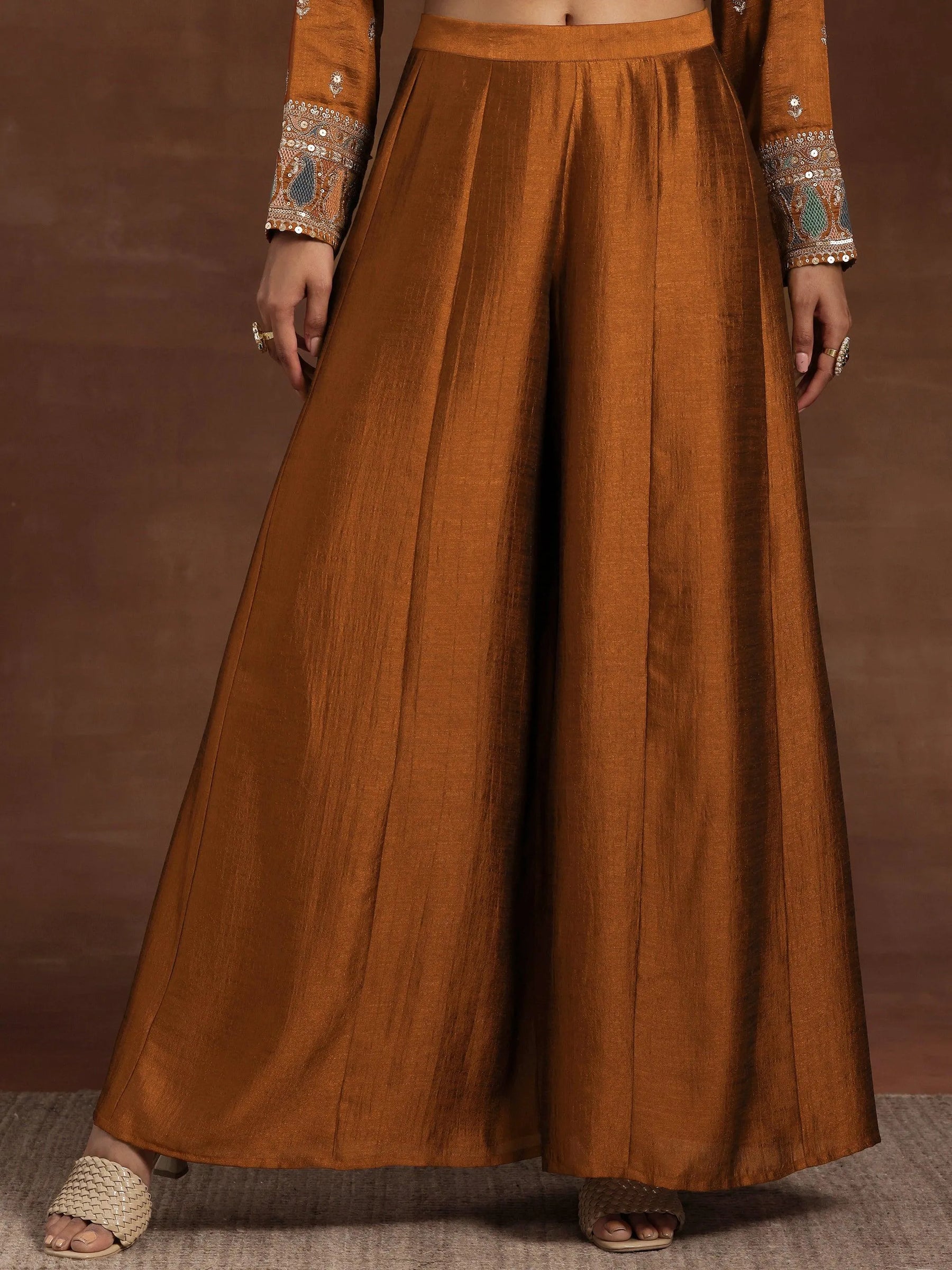 Buy Adaa Rust Embroidered Silk Blend Straight Kurta With Palazzos ...