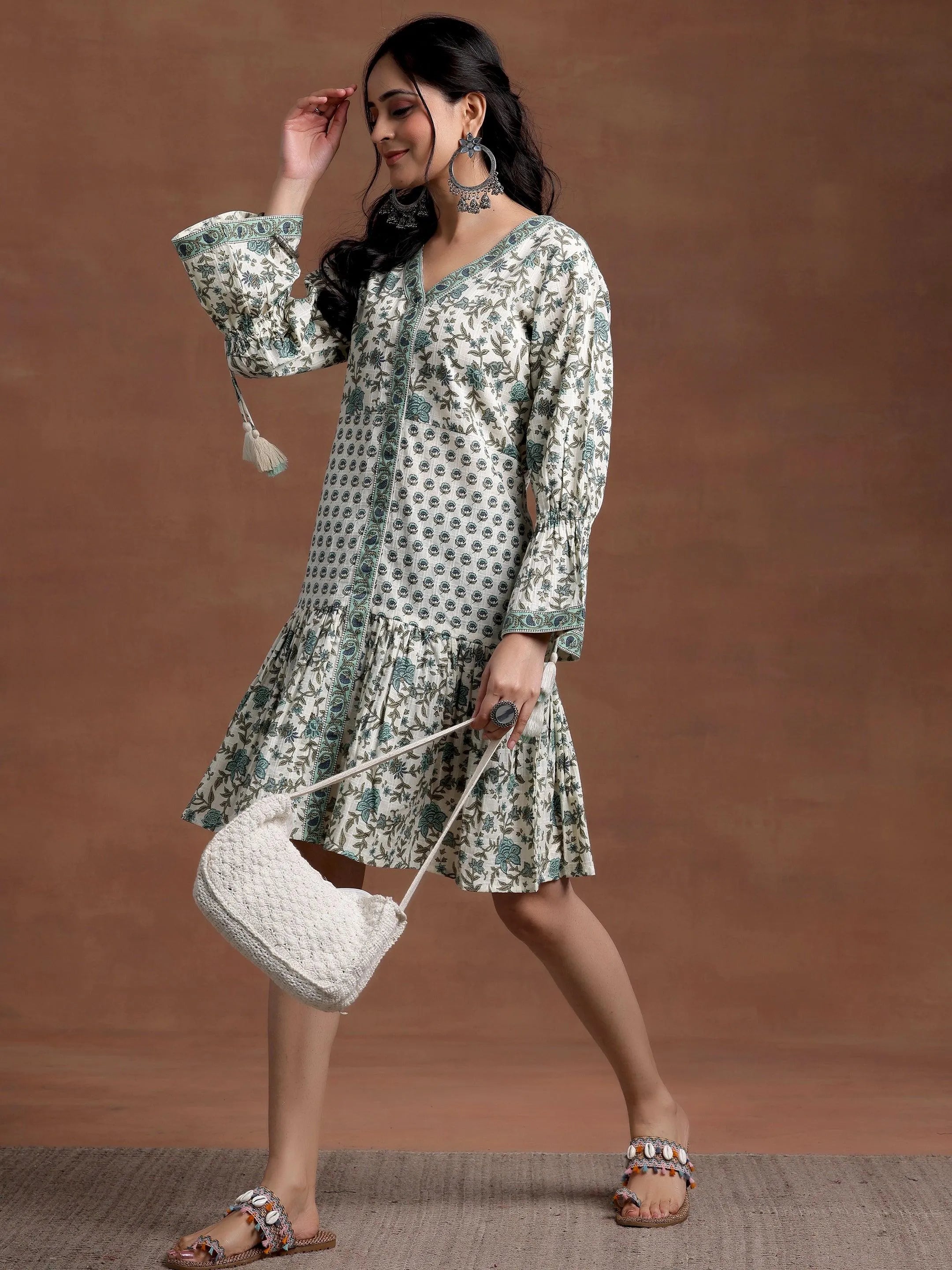 Buy Beige Printed Cotton A-Line Dress Online at Rs.1439 | Libas