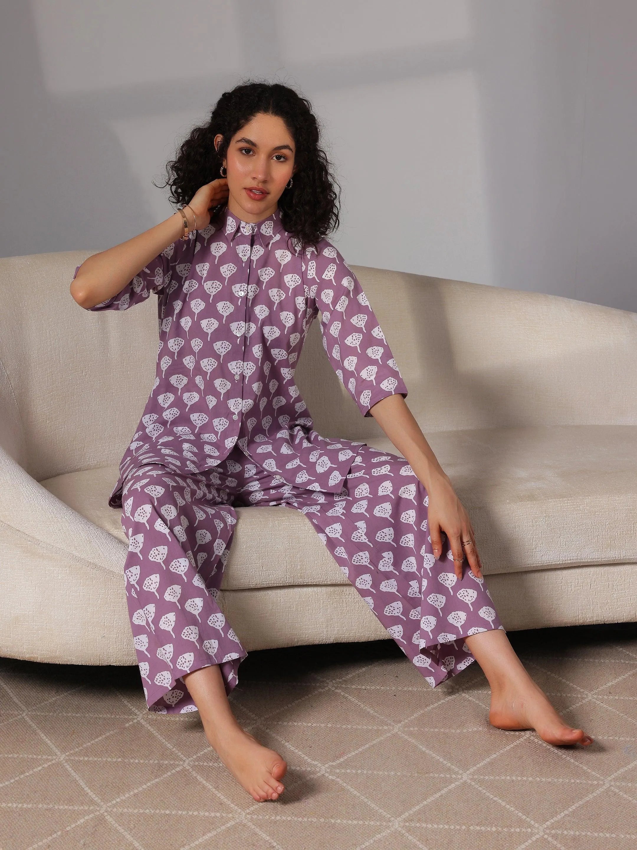 Buy Purple Printed Cotton Night Suits Online at Rs.1079 | Libas
