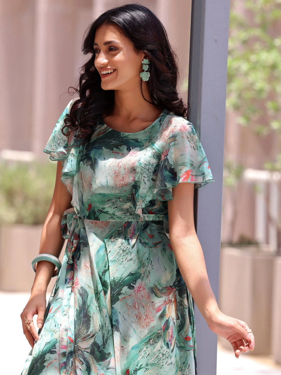 Buy Green Printed Chiffon A-Line Dress With Belt Online at Rs.1349 | Libas