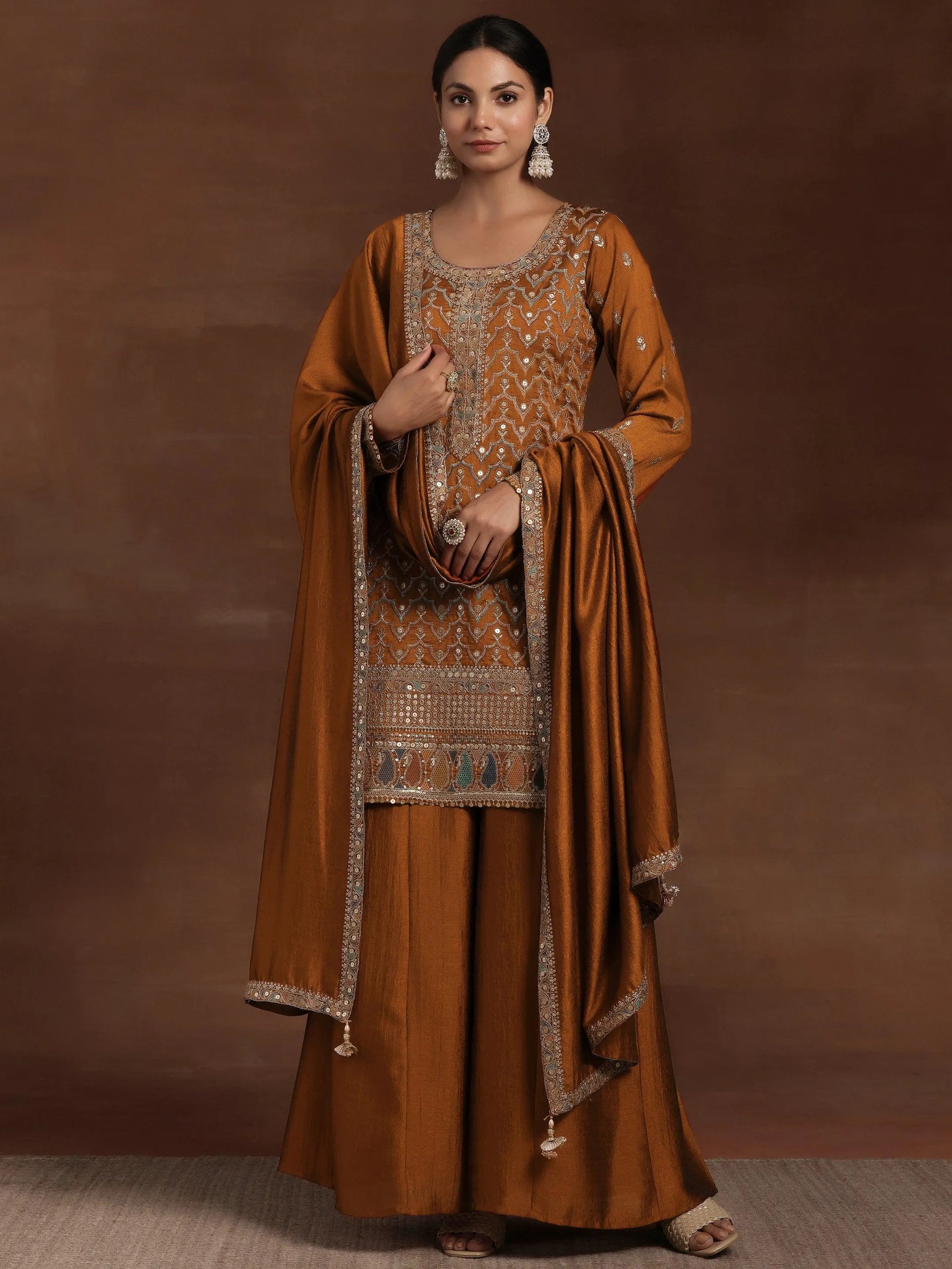 Buy Adaa Rust Embroidered Silk Blend Straight Kurta With Palazzos ...