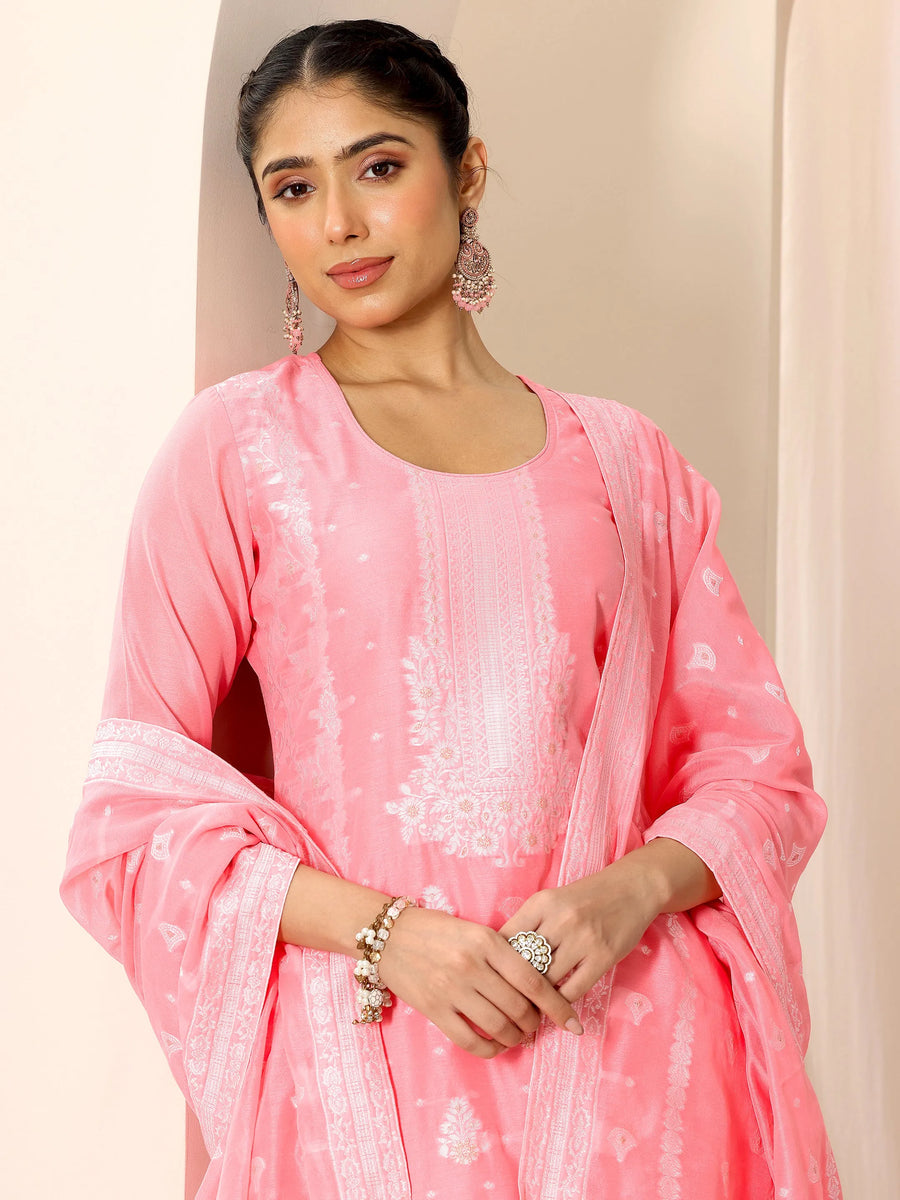 Buy Pink Woven Design Chanderi Silk Straight Suit Set With Dupatta ...