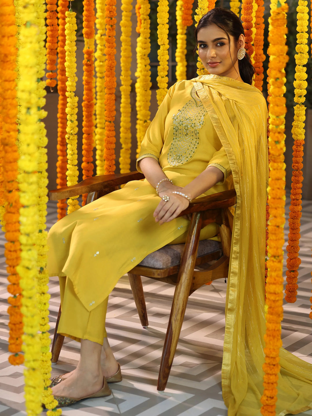 Buy Yellow Yoke Design Silk Blend Straight Suit With Dupatta Online at ...