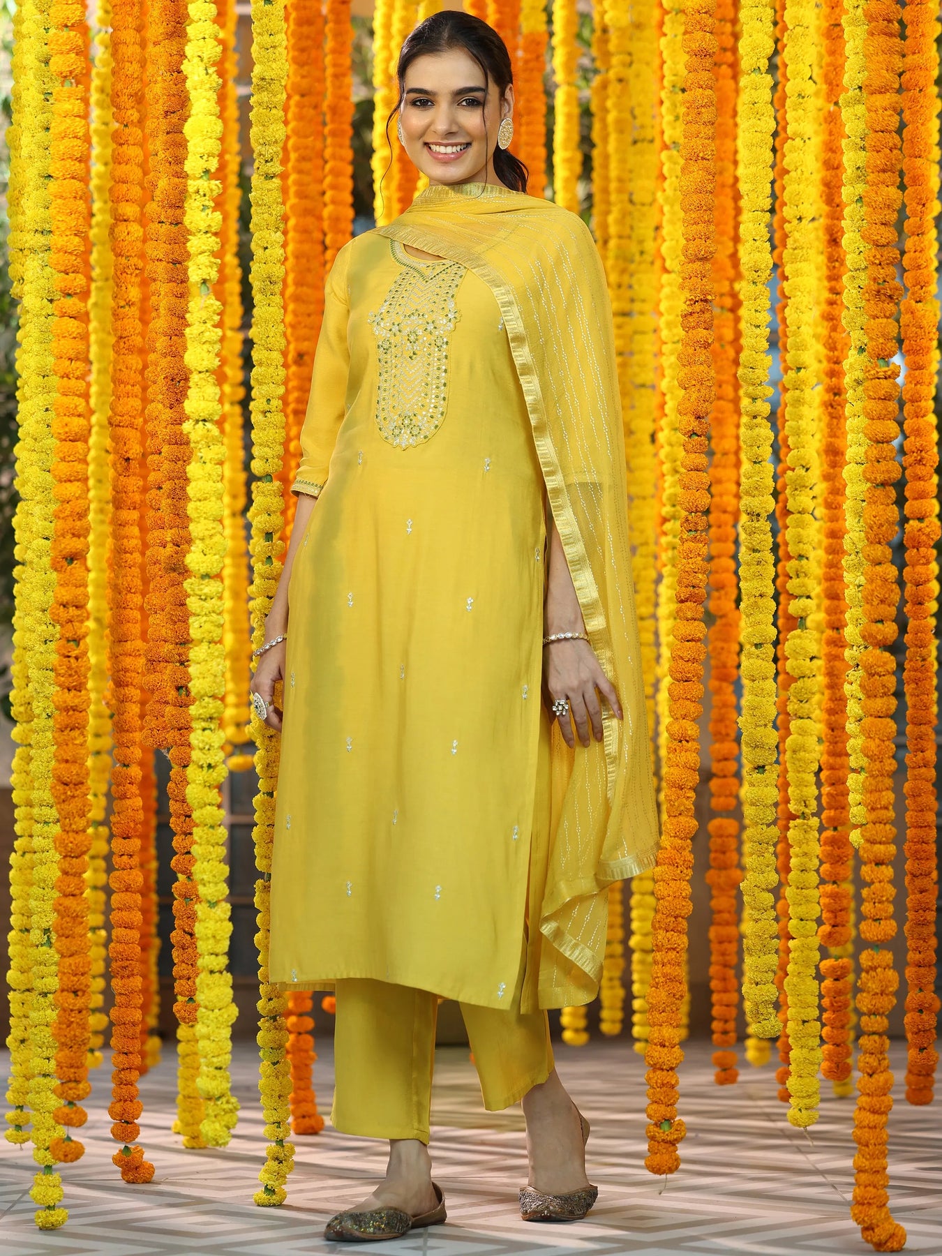 Buy Yellow Yoke Design Silk Blend Straight Suit With Dupatta Online at ...