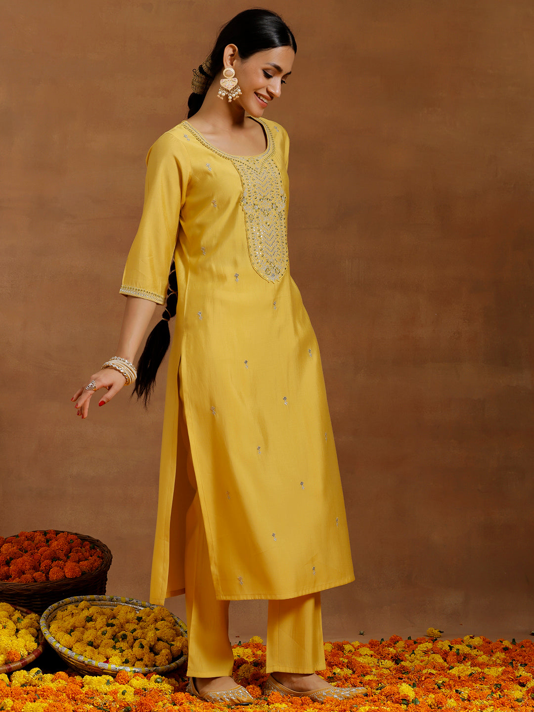 Buy Yellow Yoke Design Silk Blend Straight Suit With Dupatta Online at ...