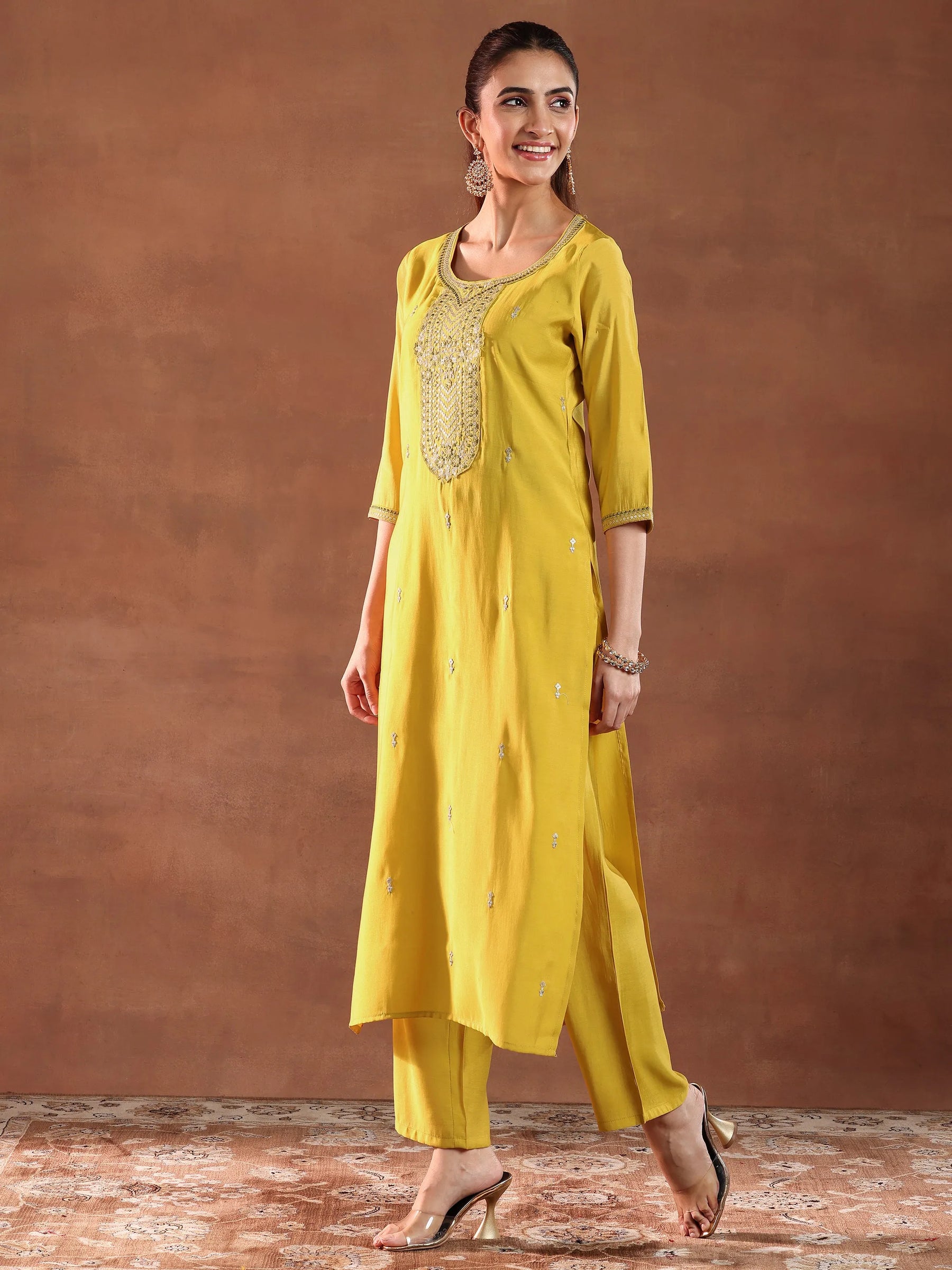 Buy Yellow Yoke Design Silk Blend Straight Suit With Dupatta Online at ...