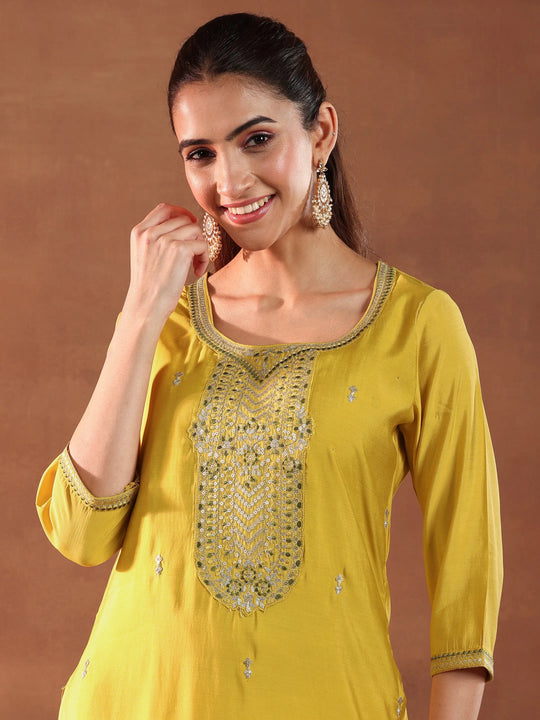 Buy Yellow Yoke Design Silk Blend Straight Suit With Dupatta Online at ...