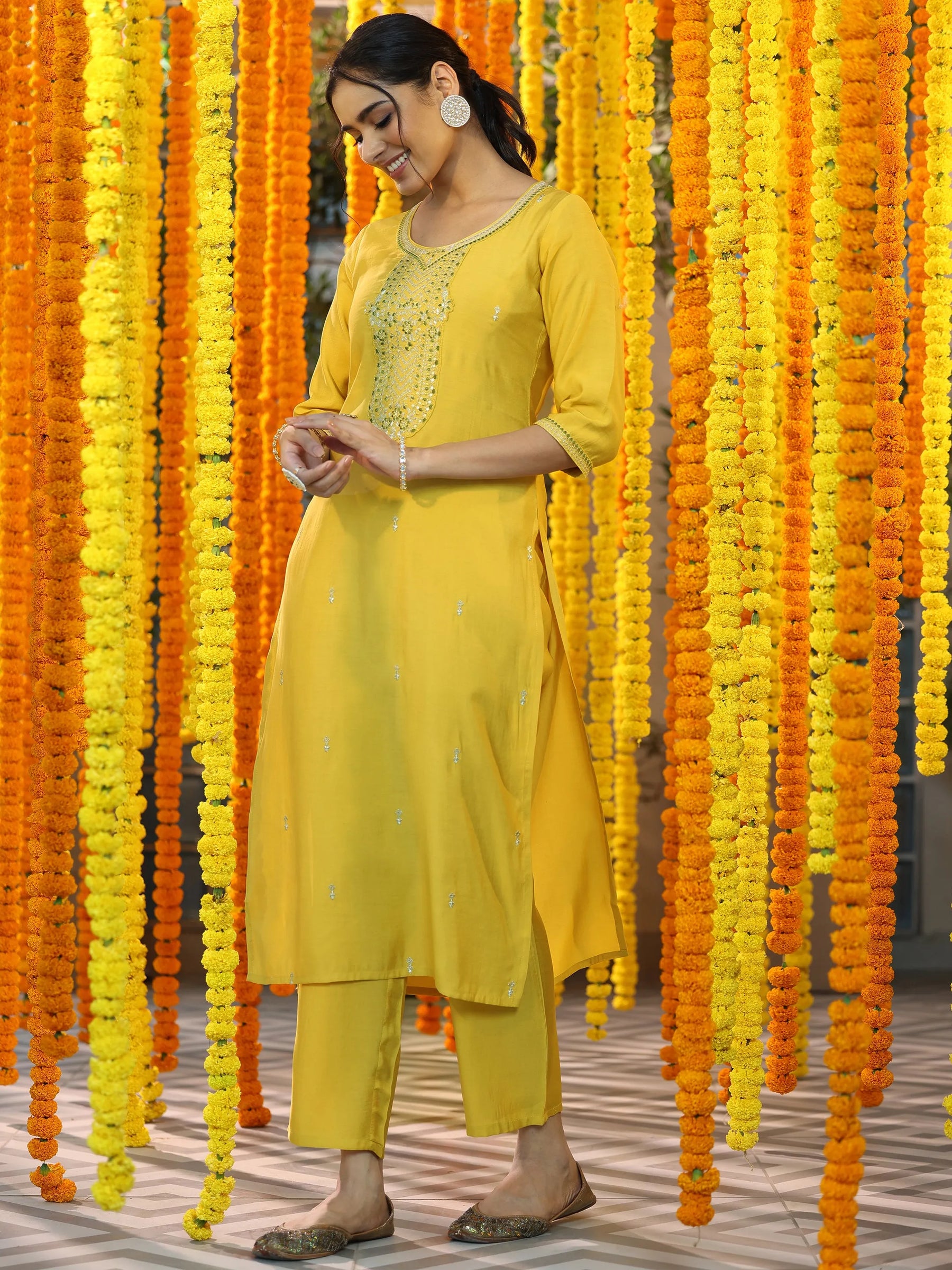 Buy Yellow Yoke Design Silk Blend Straight Suit With Dupatta Online at ...