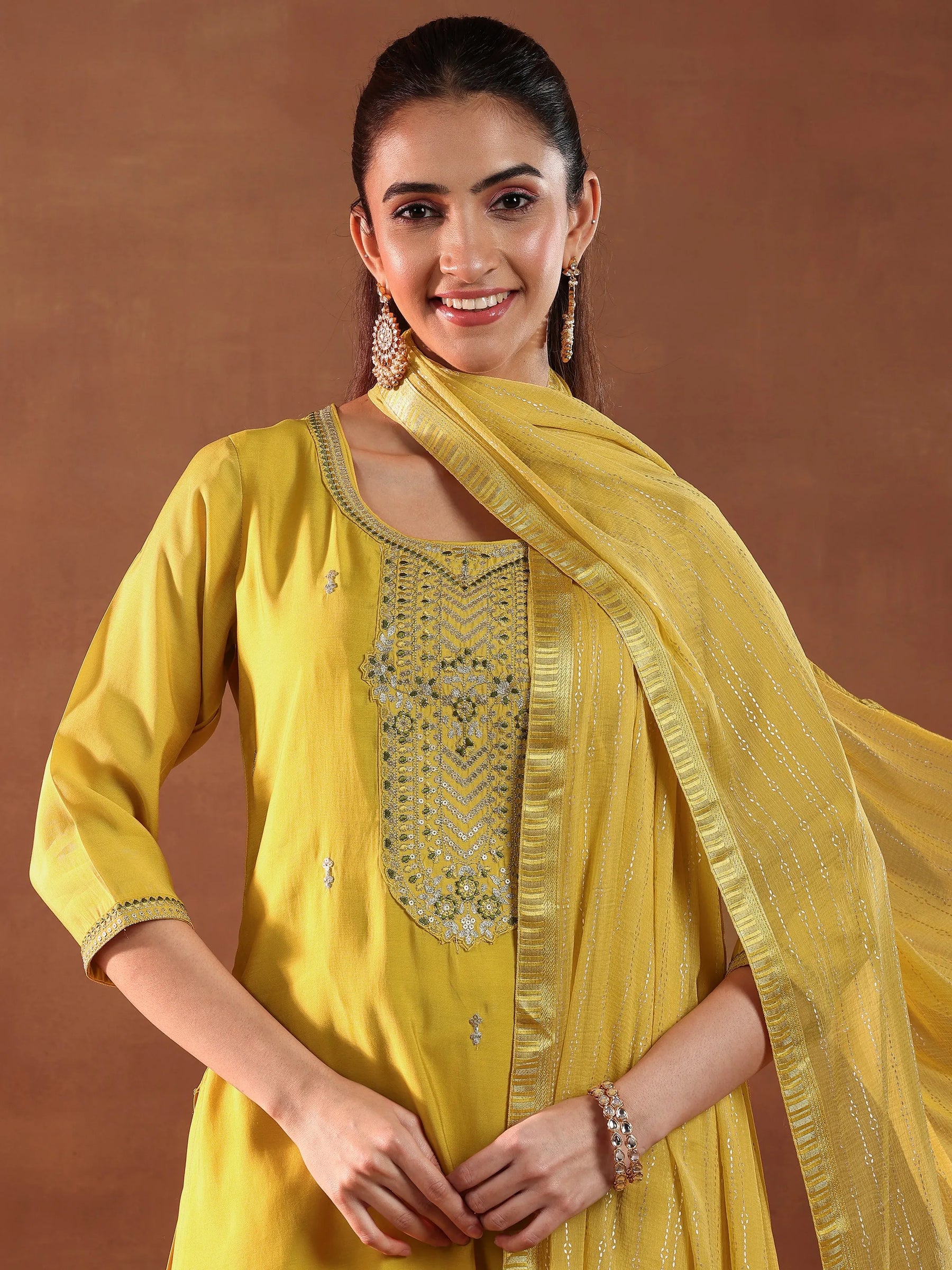 Buy Yellow Yoke Design Silk Blend Straight Suit With Dupatta Online at ...