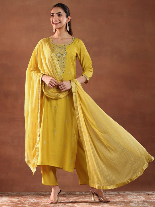 Buy Yellow Yoke Design Silk Blend Straight Suit With Dupatta Online at ...