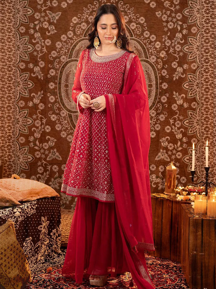 Buy Libas Art Hot Pink Embroidered Georgette A-Line Sharara Suit Set ...