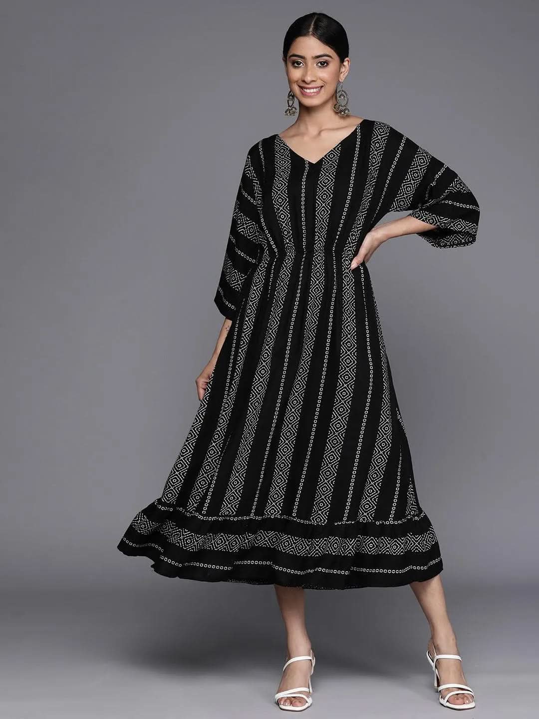 Buy Black Printed Rayon Fit and Flared Dress Online at Rs.1059 | Libas