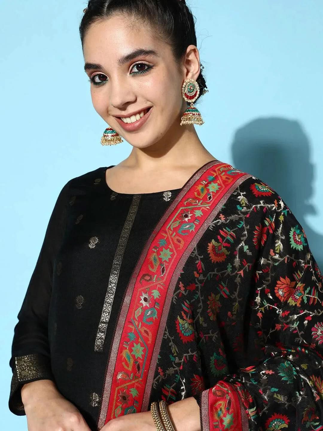 Buy Black Self Design Silk Blend Straight Kurta With Dupatta Online at ...