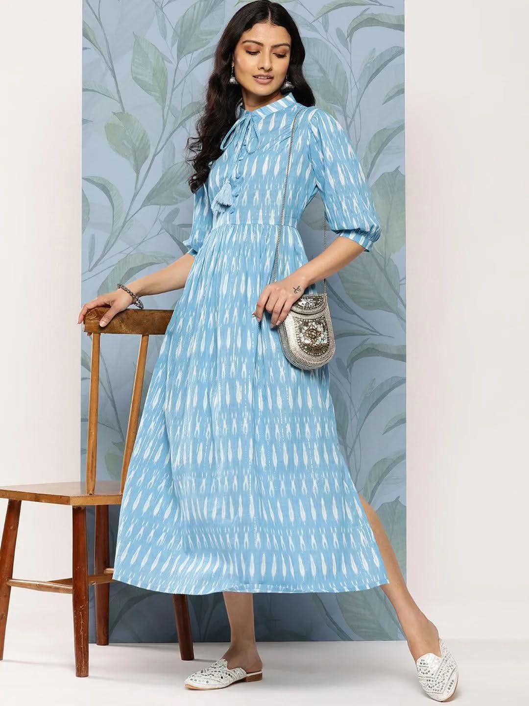 Buy Blue Printed Cotton Fit and Flare Dress Online at Rs.835 | Libas