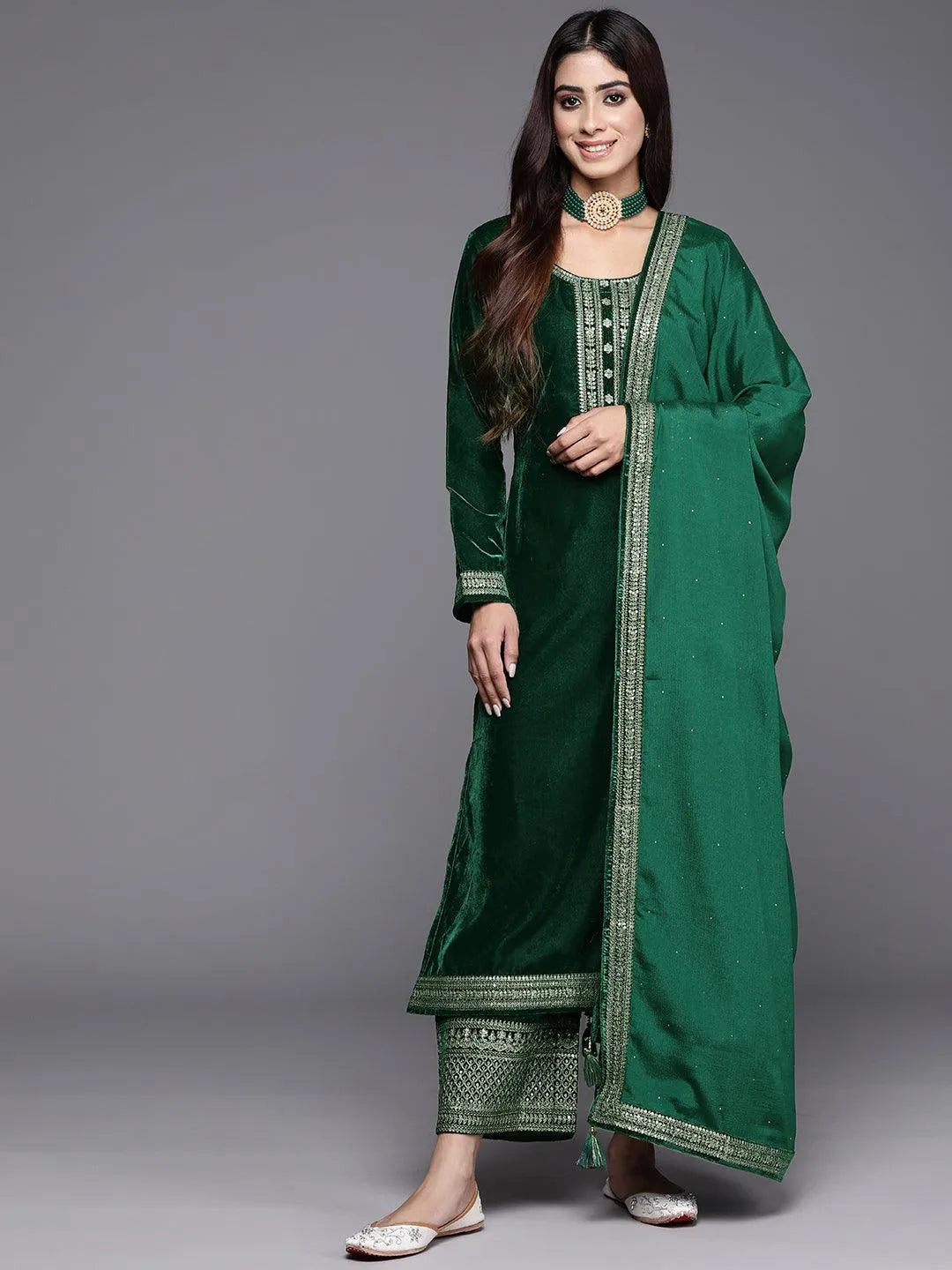 Buy Green Yoke Design Velvet Straight Suit With Dupatta Online At Rs