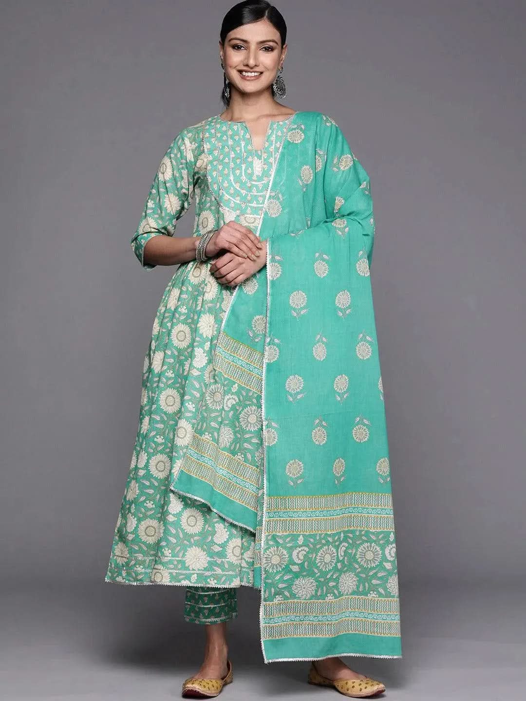 Buy Green Yoke Design Cotton Anarkali Kurta With Trousers And Dupatta