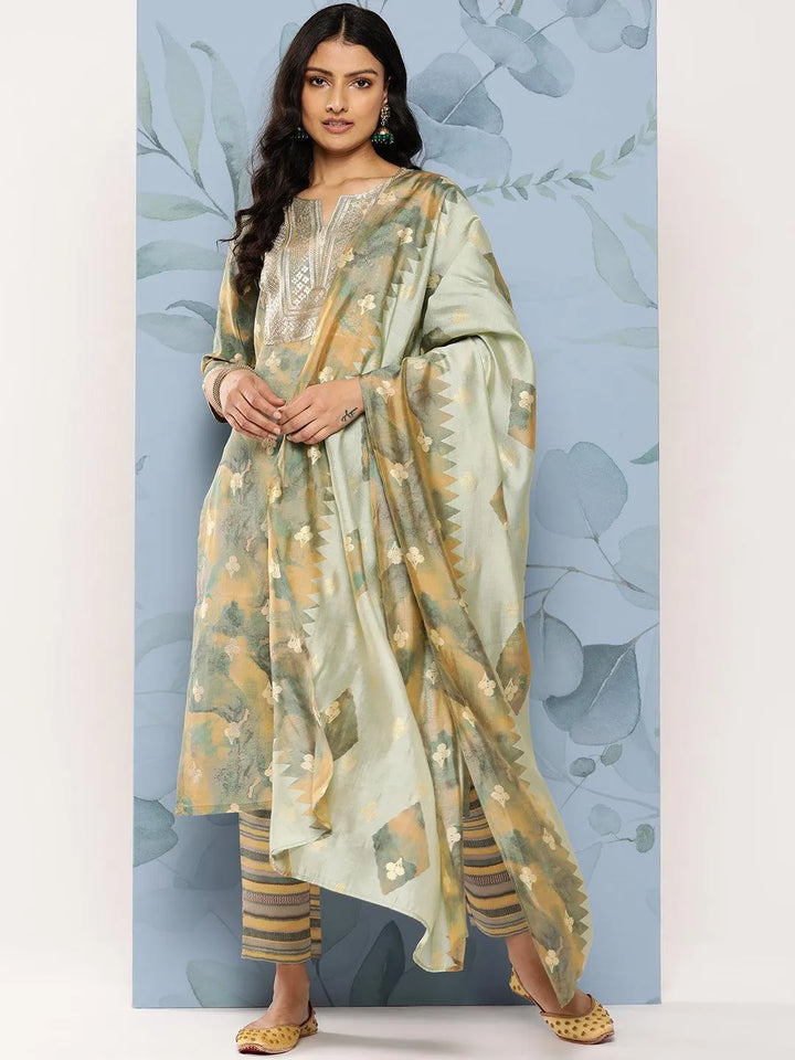 Buy Green Yoke Design Silk Blend Straight Kurta With Trousers And Dupatta