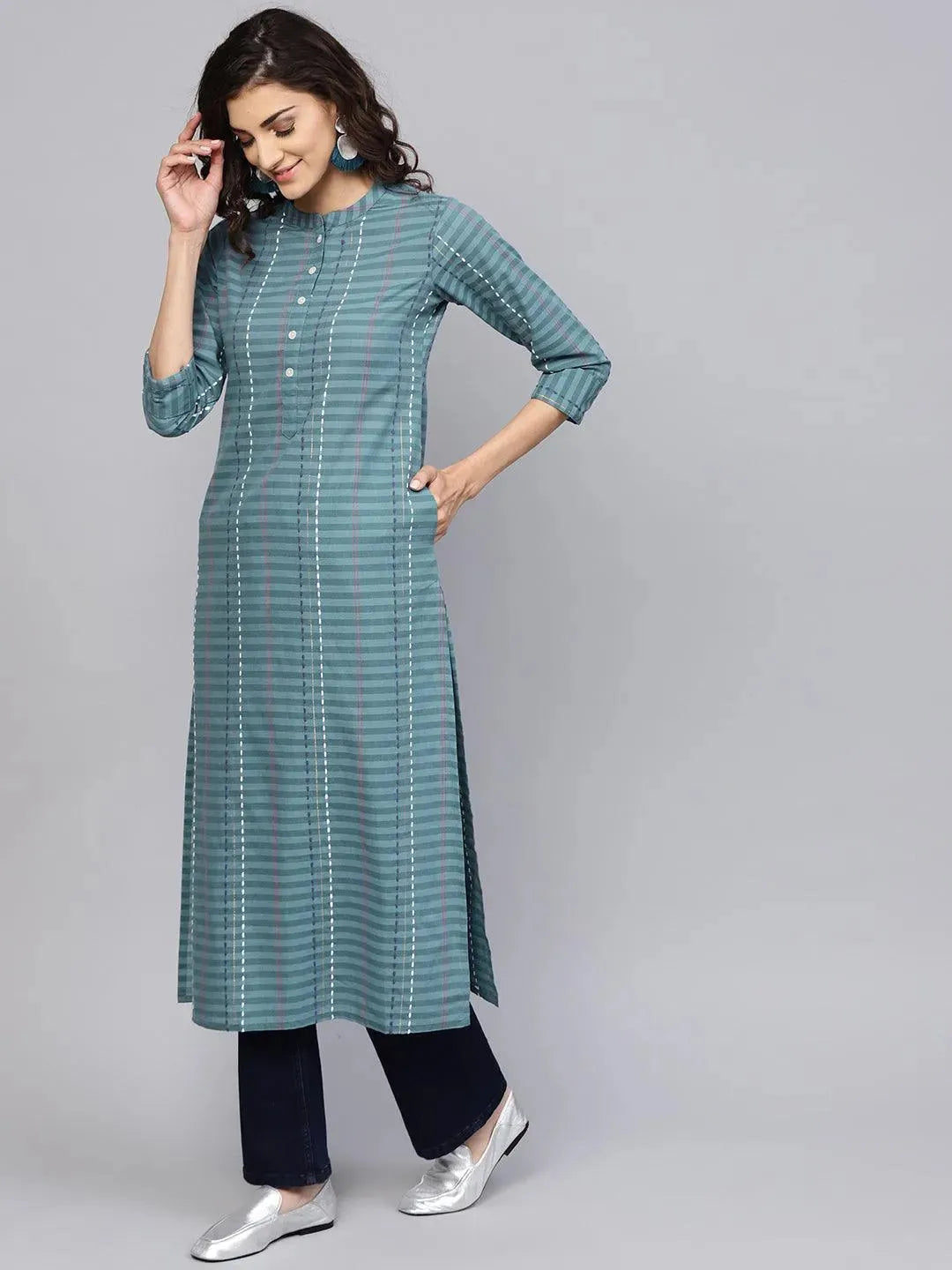 Buy Grey Striped Cotton Kurta Online at Rs.599 | Libas