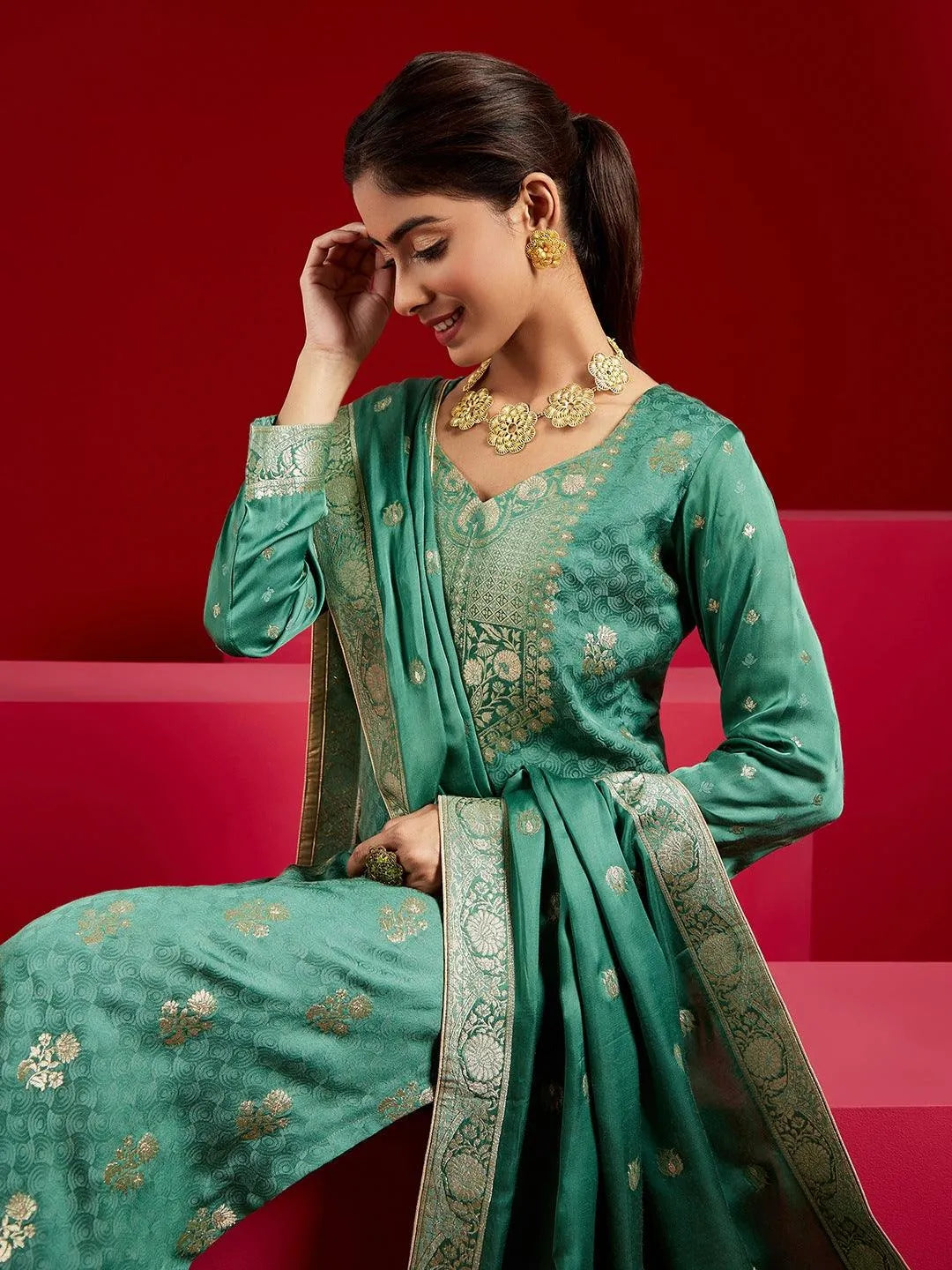 Buy Libas Art Green Woven Design Silk Straight Suit With Dupatta Online ...