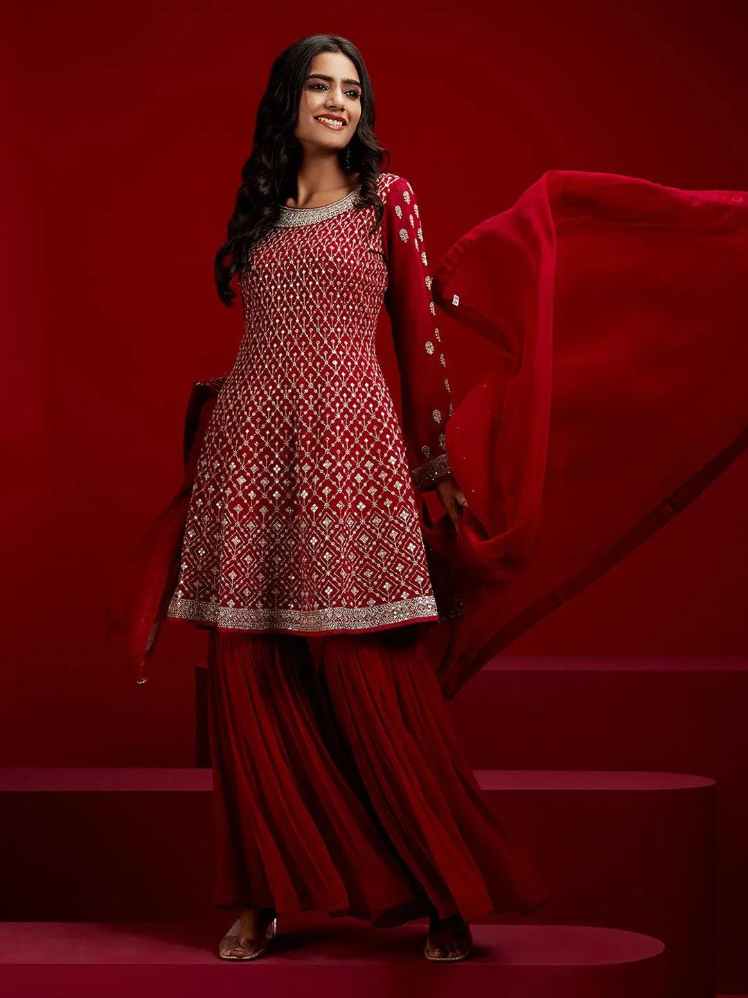 Buy Libas Art Hot Pink Embroidered Georgette A-Line Sharara Suit Set ...