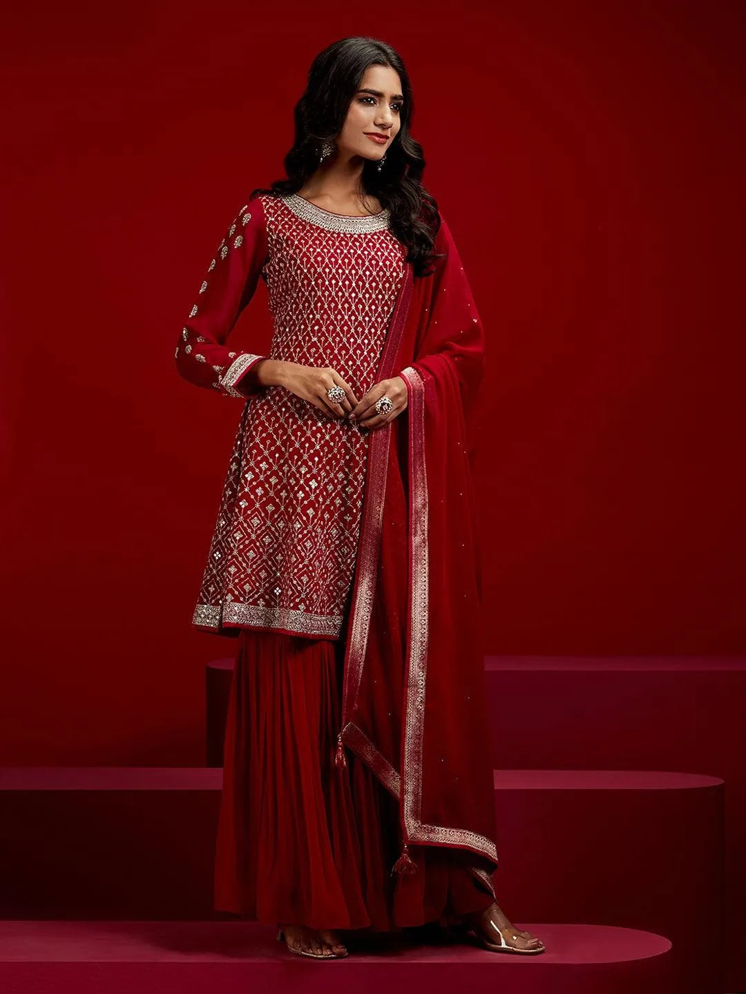 Buy Libas Art Hot Pink Embroidered Georgette A-Line Sharara Suit Set ...