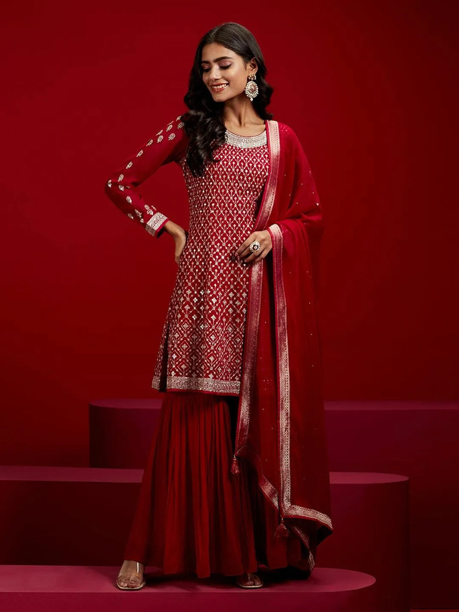 Buy Libas Art Hot Pink Embroidered Georgette A-Line Sharara Suit Set ...