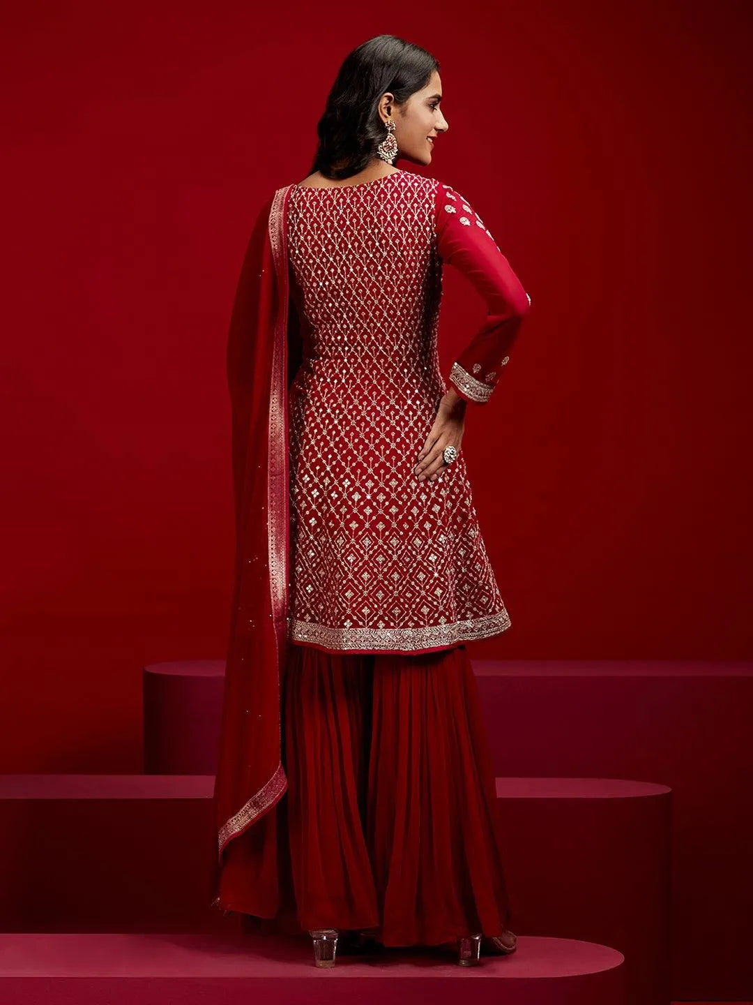 Buy Libas Art Hot Pink Embroidered Georgette A-Line Sharara Suit Set ...