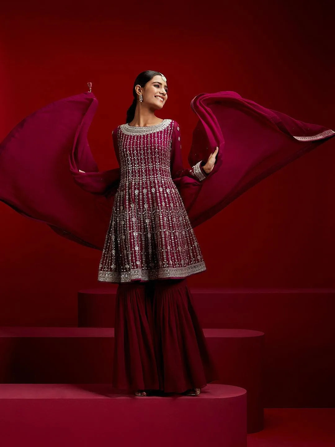 Buy Libas Art Magenta Embroidered Georgette A-Line Sharara Suit Set ...